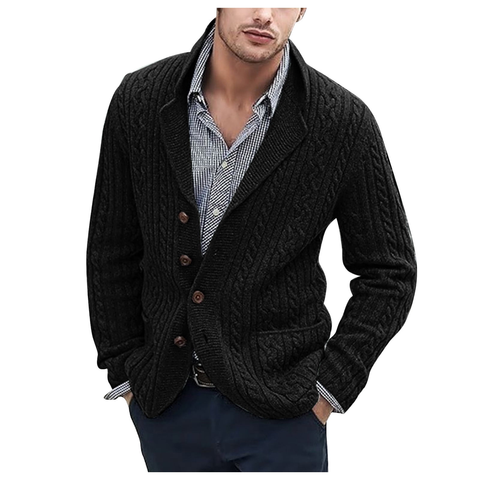 Wyongtao Men's Cardigan Sweater Casual Long Sleeve Shawl Collar Buttons ...