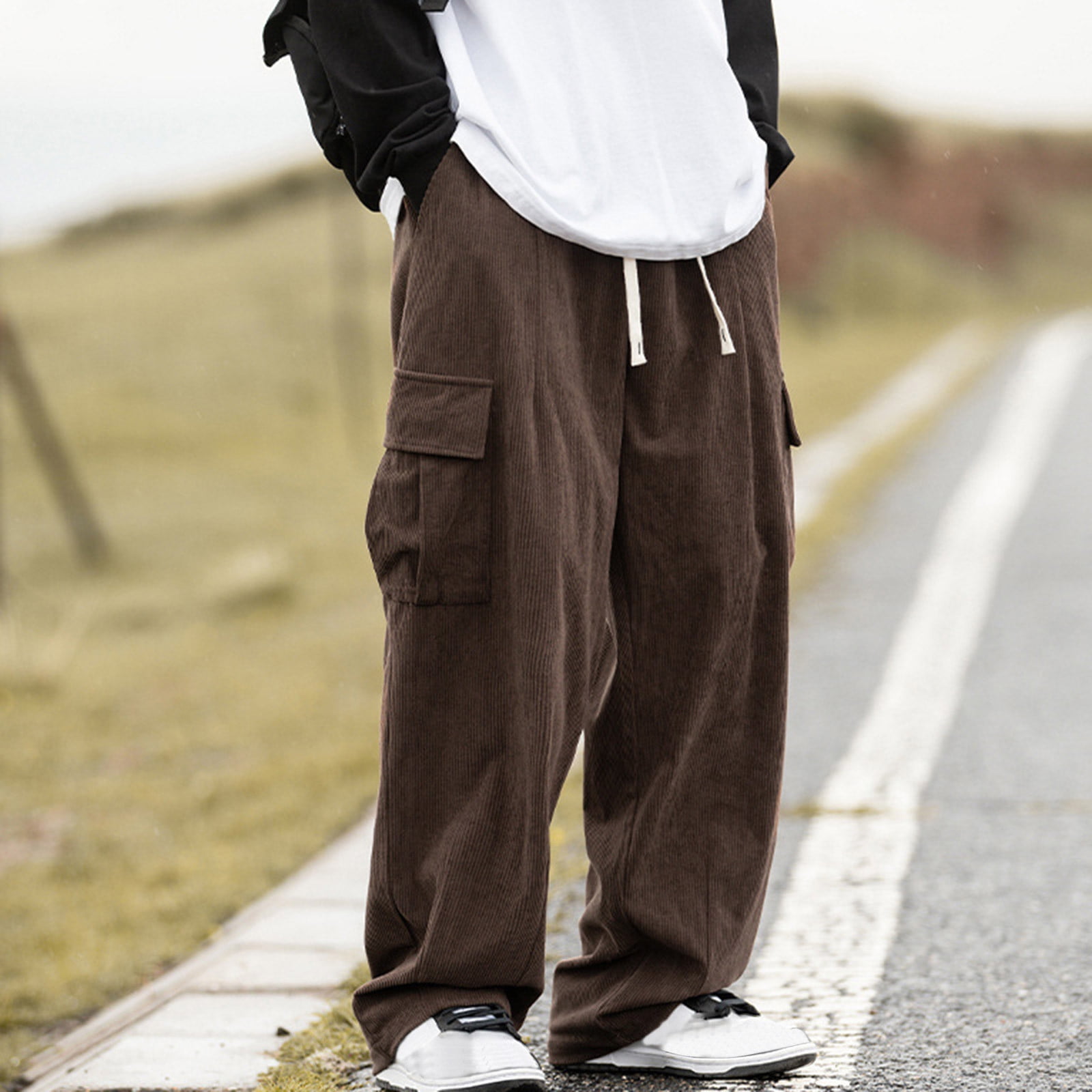 Wyongtao Mens Corduroy Cargo Pants Drawstring Elastic Waist Baggy Tapered Sweatpants Casual