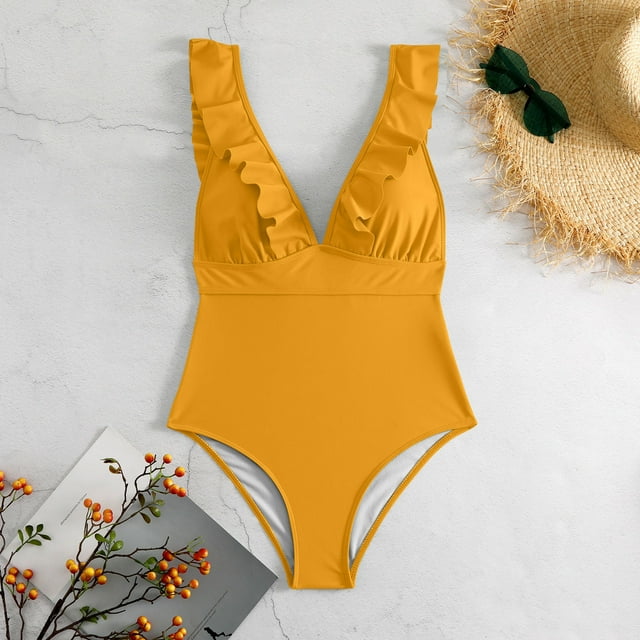 Wyongtao Women One Piece Swimsuit V Neck Backless Ruched Tummy Control