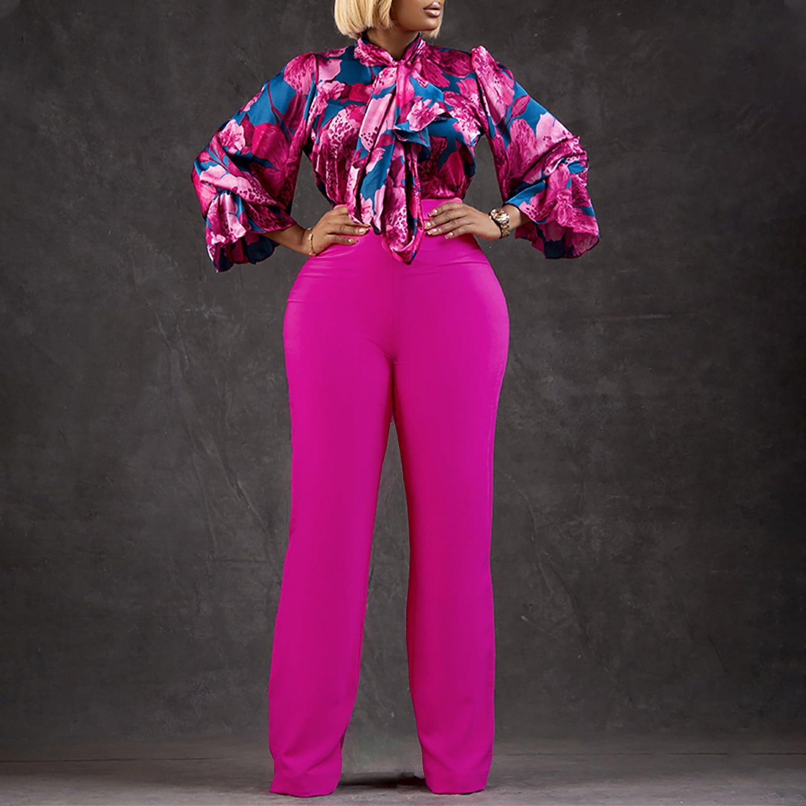 Wyongtao Women's 2 Piece Outfits V Neck Long Batwing Sleeve Ruched Tie ...