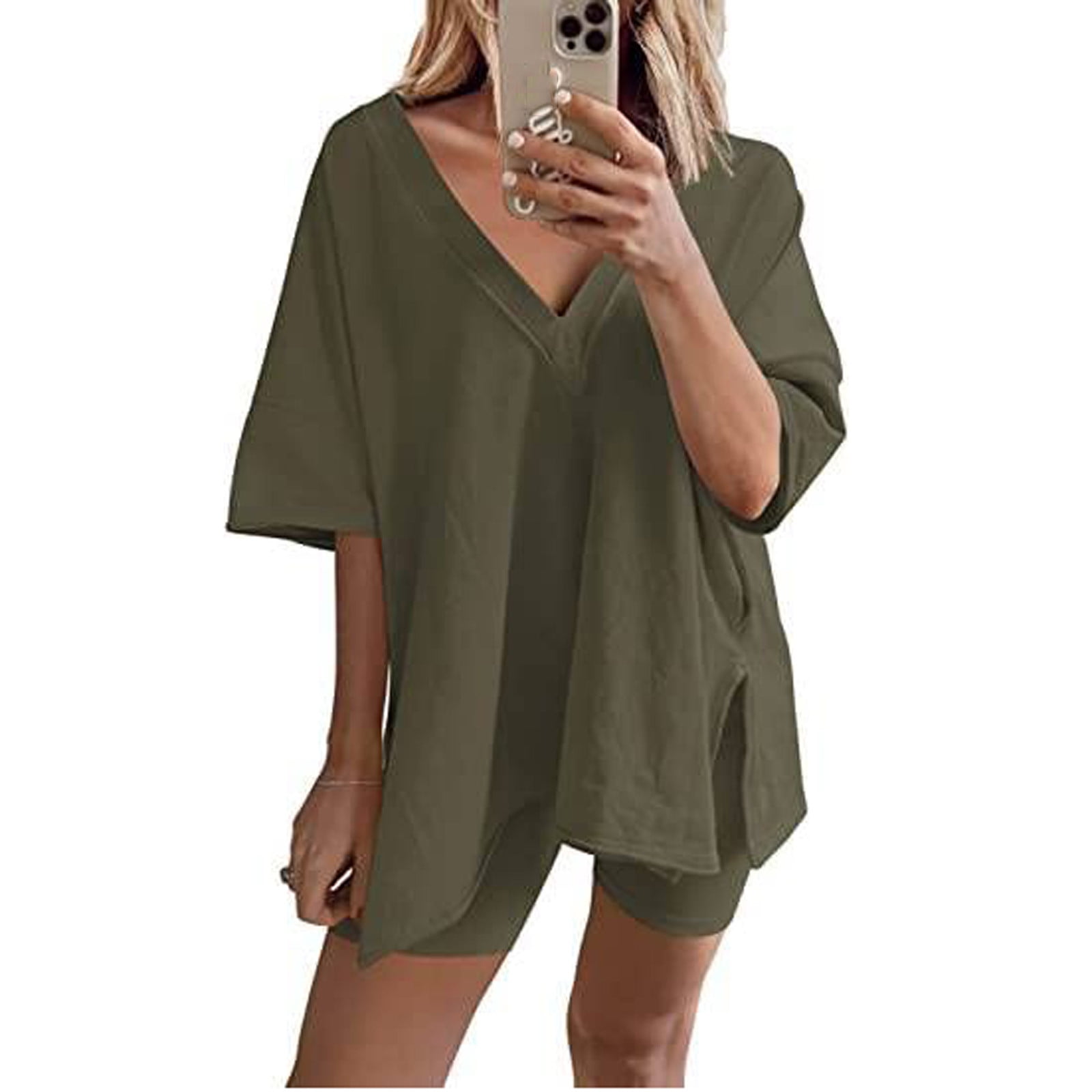 Wyongtao Women's 2 Piece Sets Summer Outfits V-Neck T Shirts Tops Biker ...