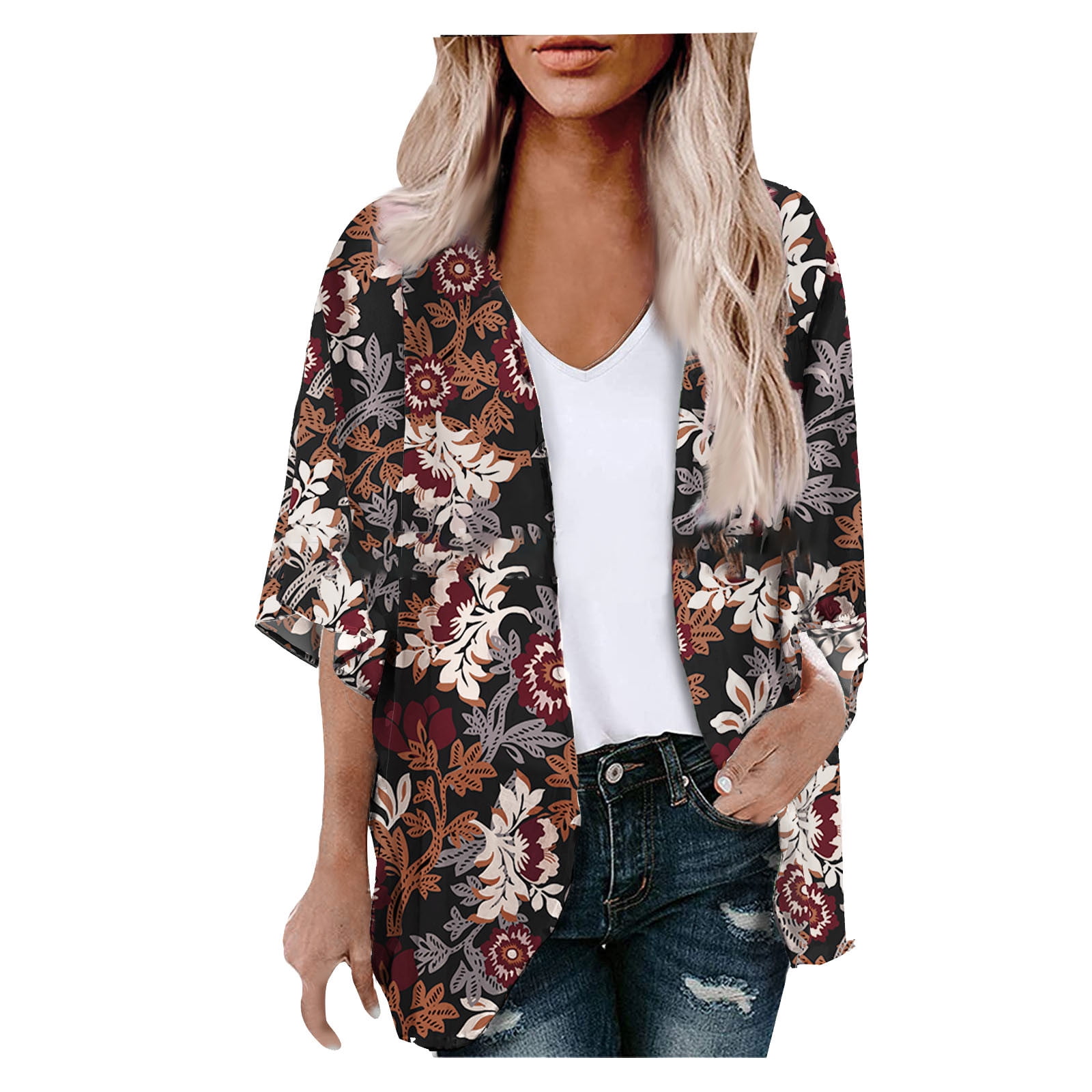Wyongtao Womens Flowy Summer Chiffon Kimono Cardigans Tops Boho Floral