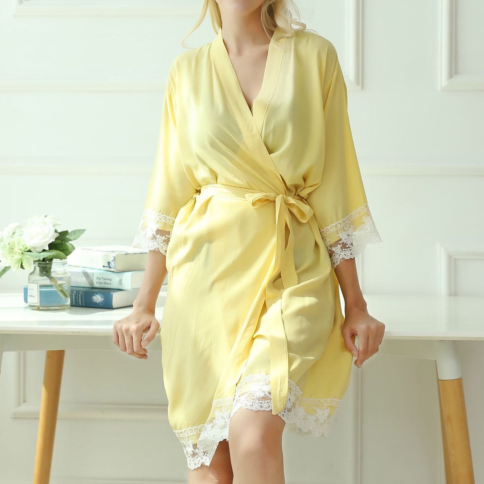Wyongtao Womens Lace Kimono Sleeve Robes Dressing Gown Satin Bathrobe ...