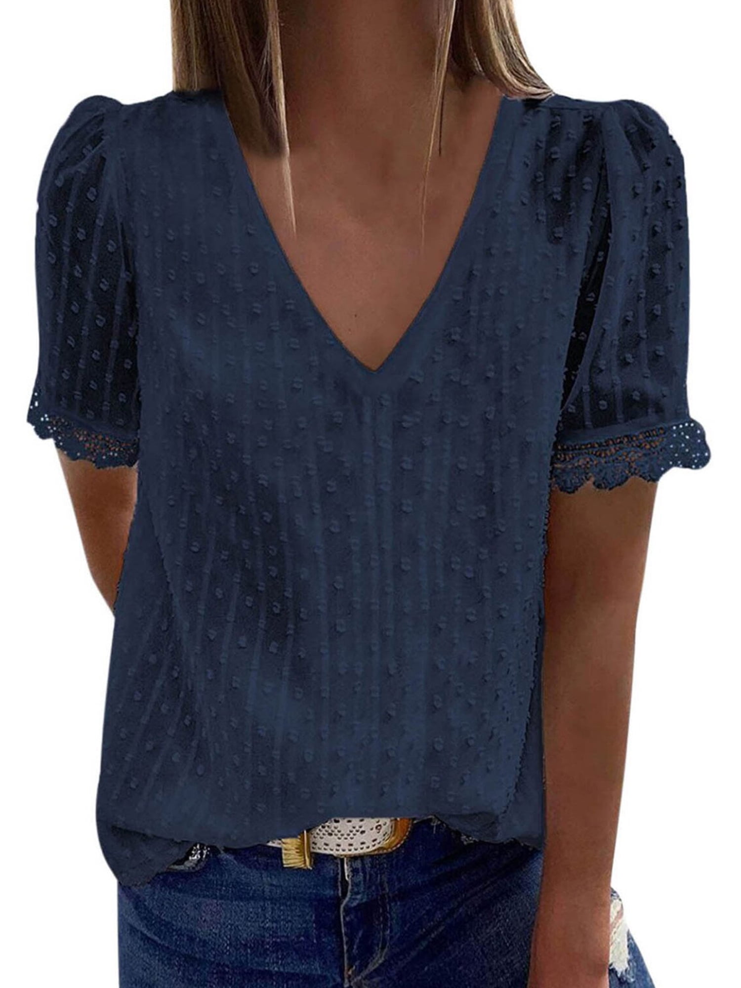 Wytyjxccyy Womens Summer Lace Tops Short Sleeve V Neck Swiss Polka Dot ...