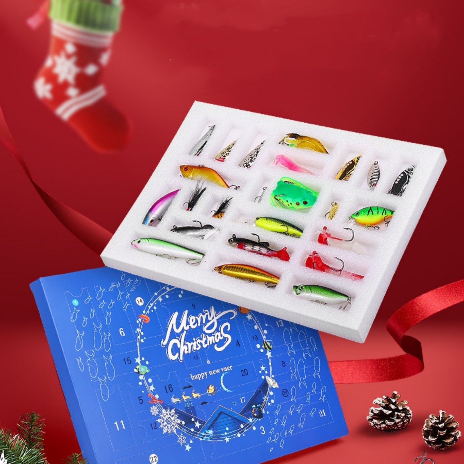 Wyzesi 32x23x2cm 320g Advent Calendar Fishing Christmas Countdown - 24 Days Fishing Lures Set ...
