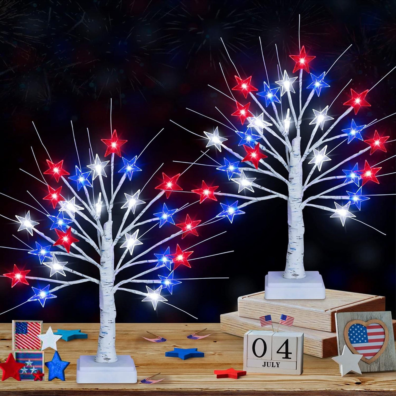 Wzzjkit Red White and Blue Tree Lights Outdoor - 24 Lights Timer ...