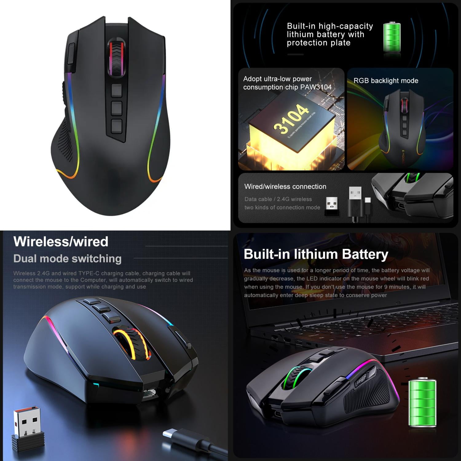 X-11 RGB USB 2.4G Wireless Gaming Mouse 4000 DPI 9 Buttons Programmable ...