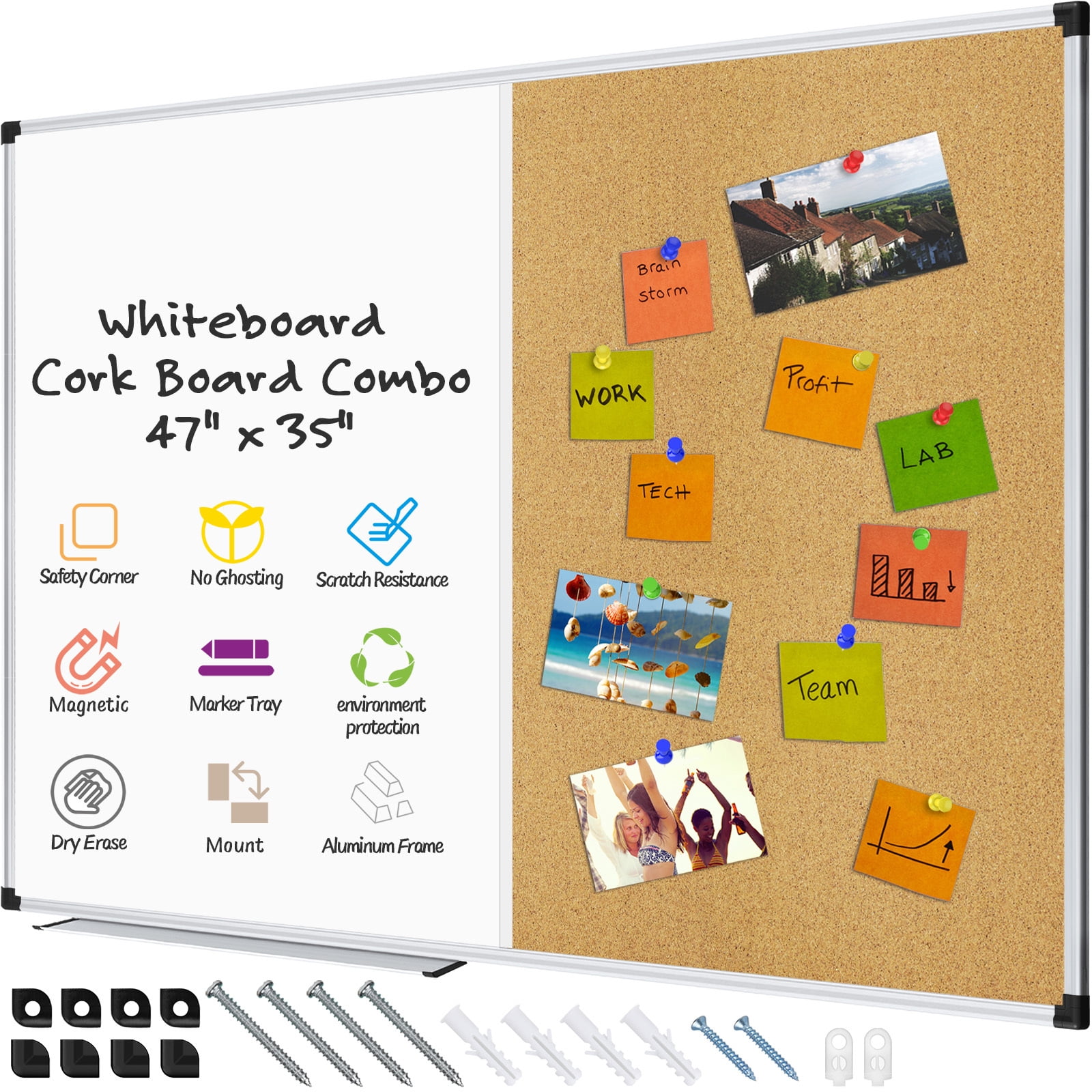 X BOARD Cork Board Whiteboard Combo 47" x 35" Dry Erase Board and ...