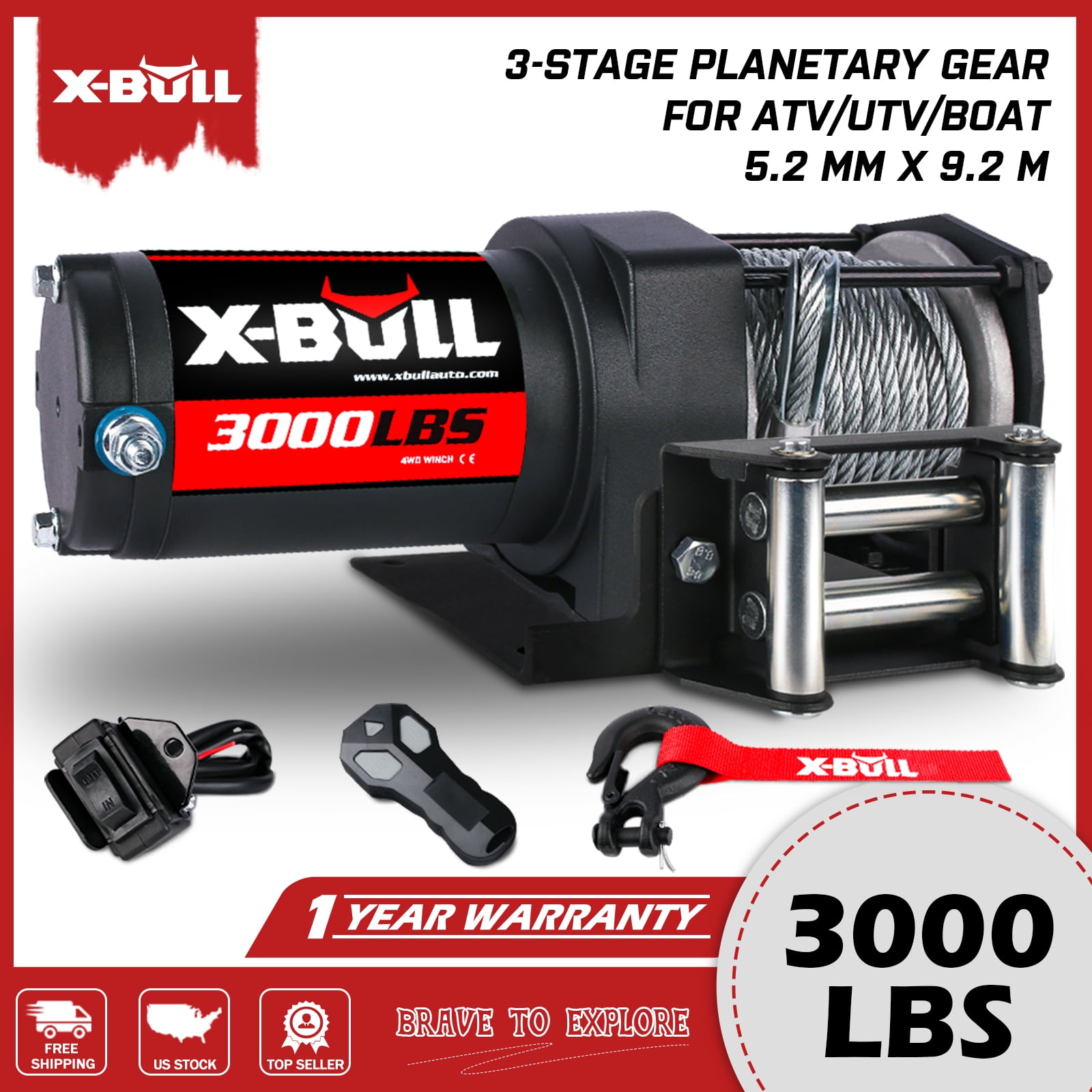 X-BULL 12V 3000LBS Electric Winch, Steel Wire, ATV/UTV Off Road ...