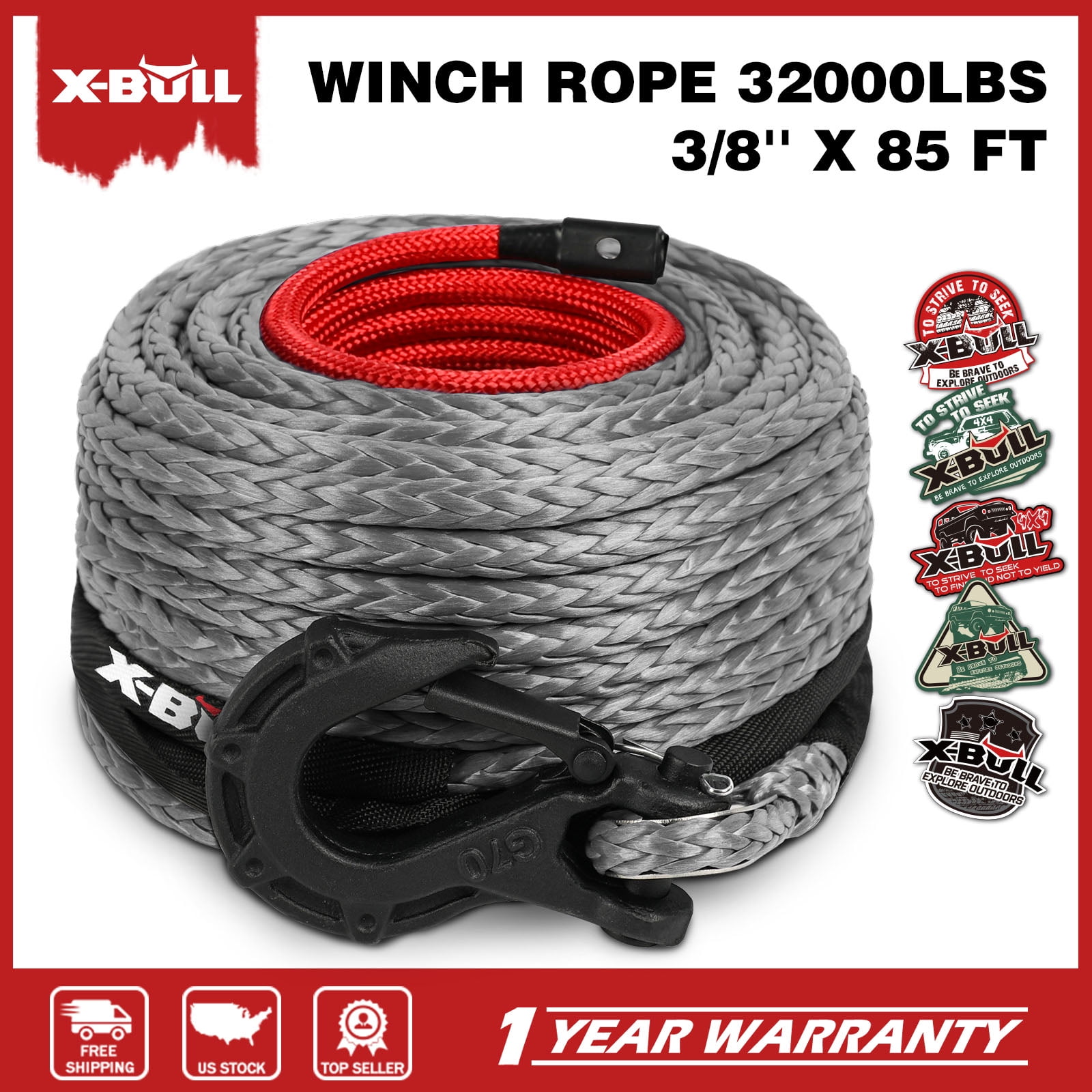 X-BULL 32000LBS 3/8" x 85f Synthetic Winch Rope Grey Recovery Rope 4X4 ...