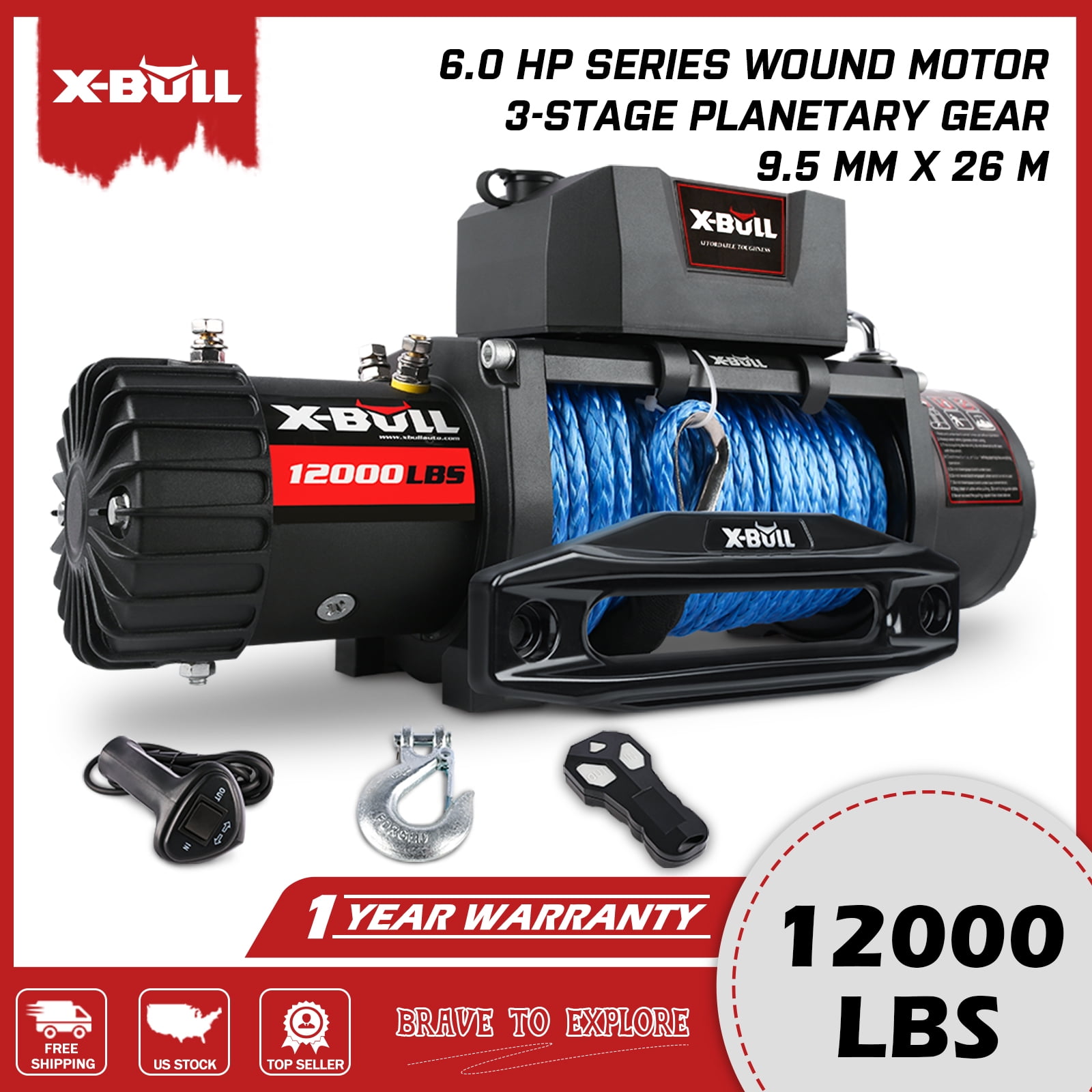 X-BULL Electric Winch 12000LB Winch Synthetic Rope 12V Truck Towing ...