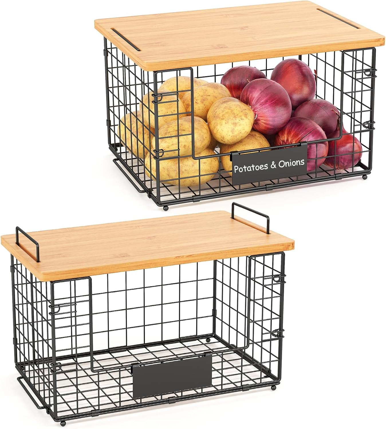X-Cosrack Stackable Kitchen Counter Basket with Bamboo Top, XL Wire ...