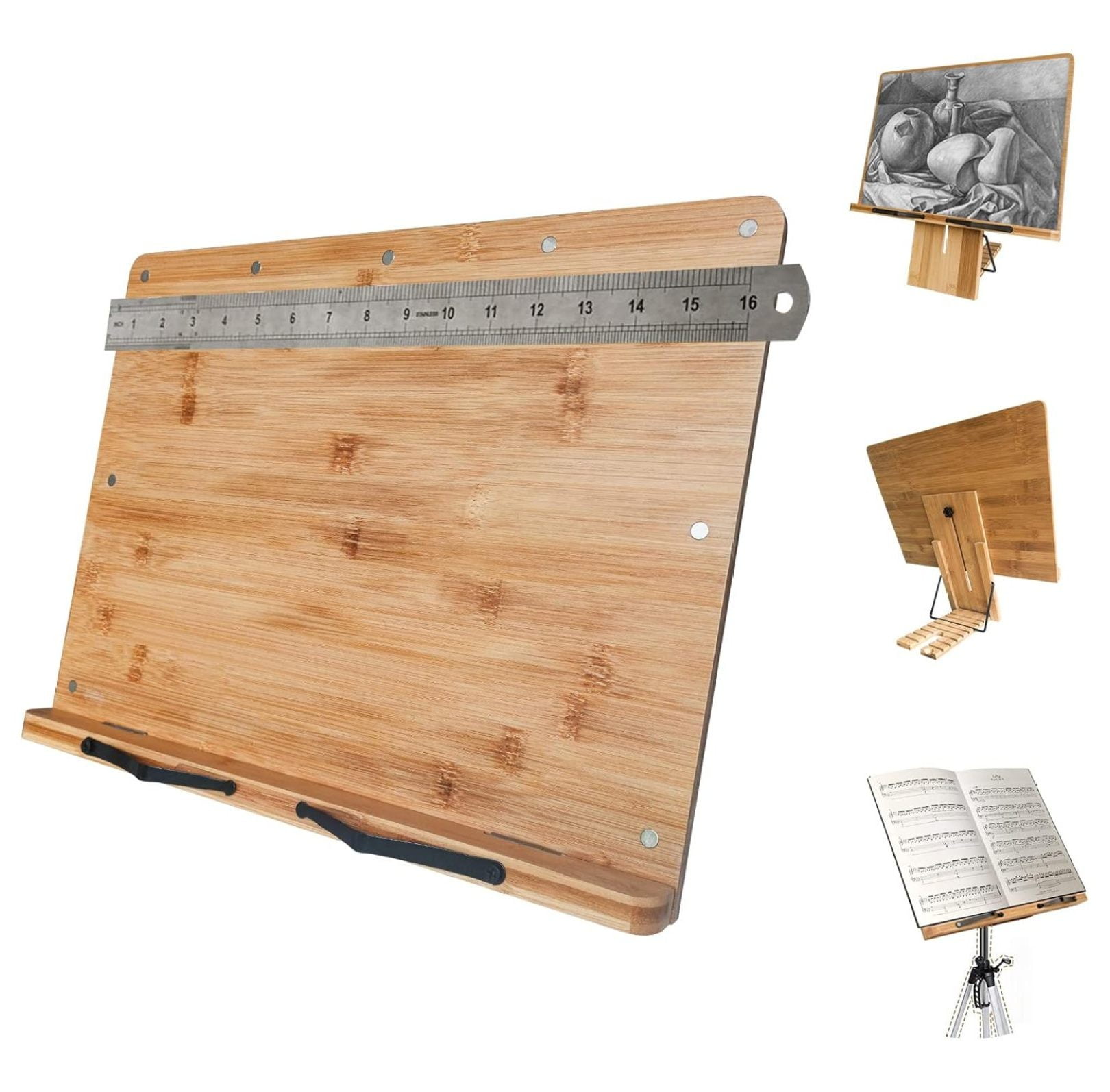 X-Large 16" x 12" Height Adjustable Bamboo Book Stand w. Magnets/Ruler ...