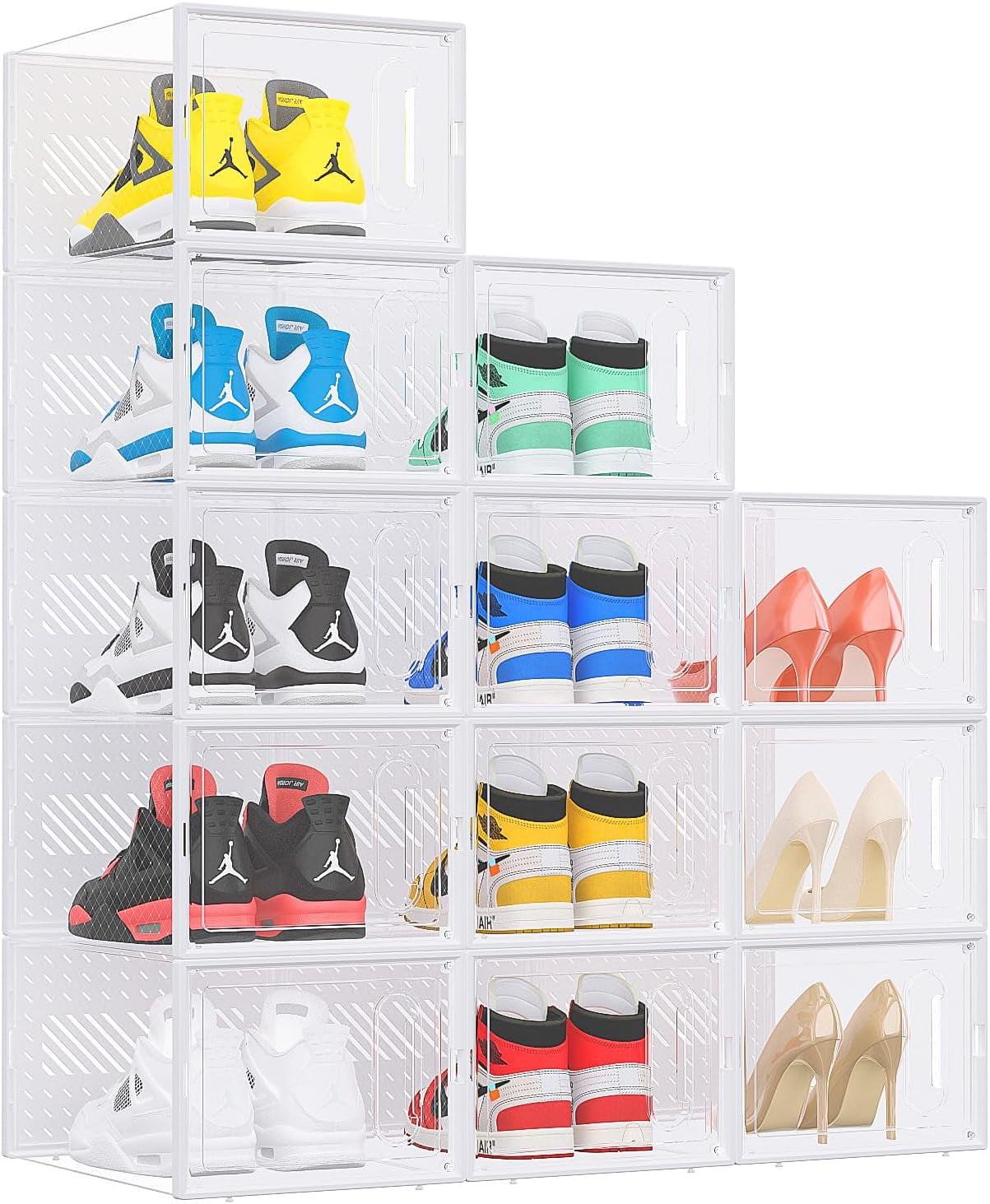 X-Large Shoe Organizer with Magnetic Door, 12 Pack Clear Plastic Stackable Shoe Storage Box ...