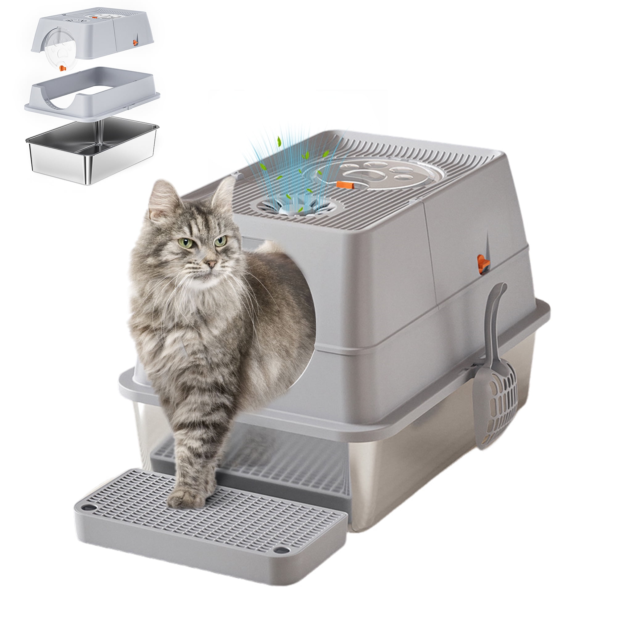 X Large Stainless Steel Enclosed Cat Litter Box with Lid, Metal Kitty ...