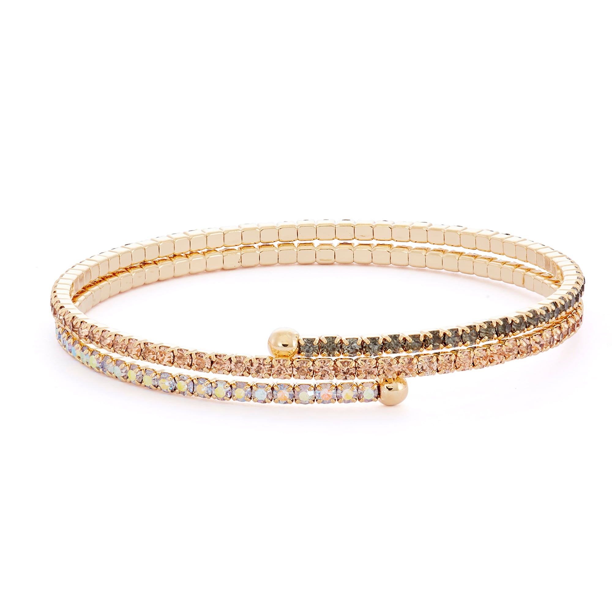 X & O Women's Double Row 14K Yellow Gold Plated Flex Bangle with Tri ...