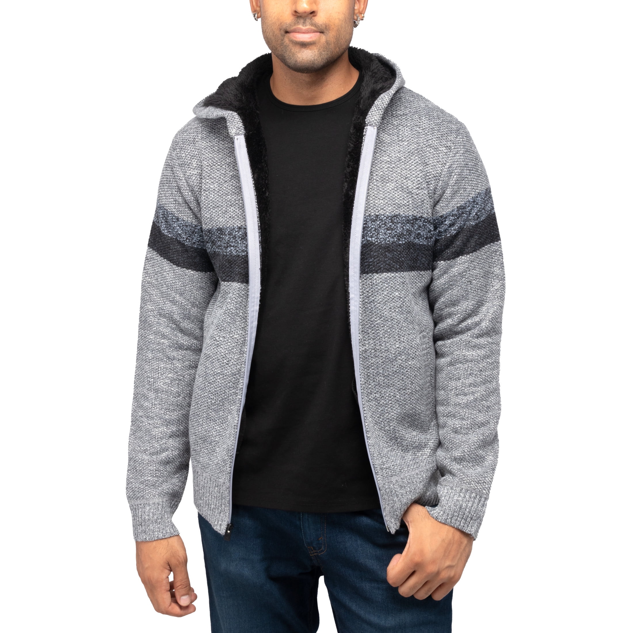 X RAY JEANS Mens Full Zip Hooded Sweater With Stripes & Lining, Grey, L ...