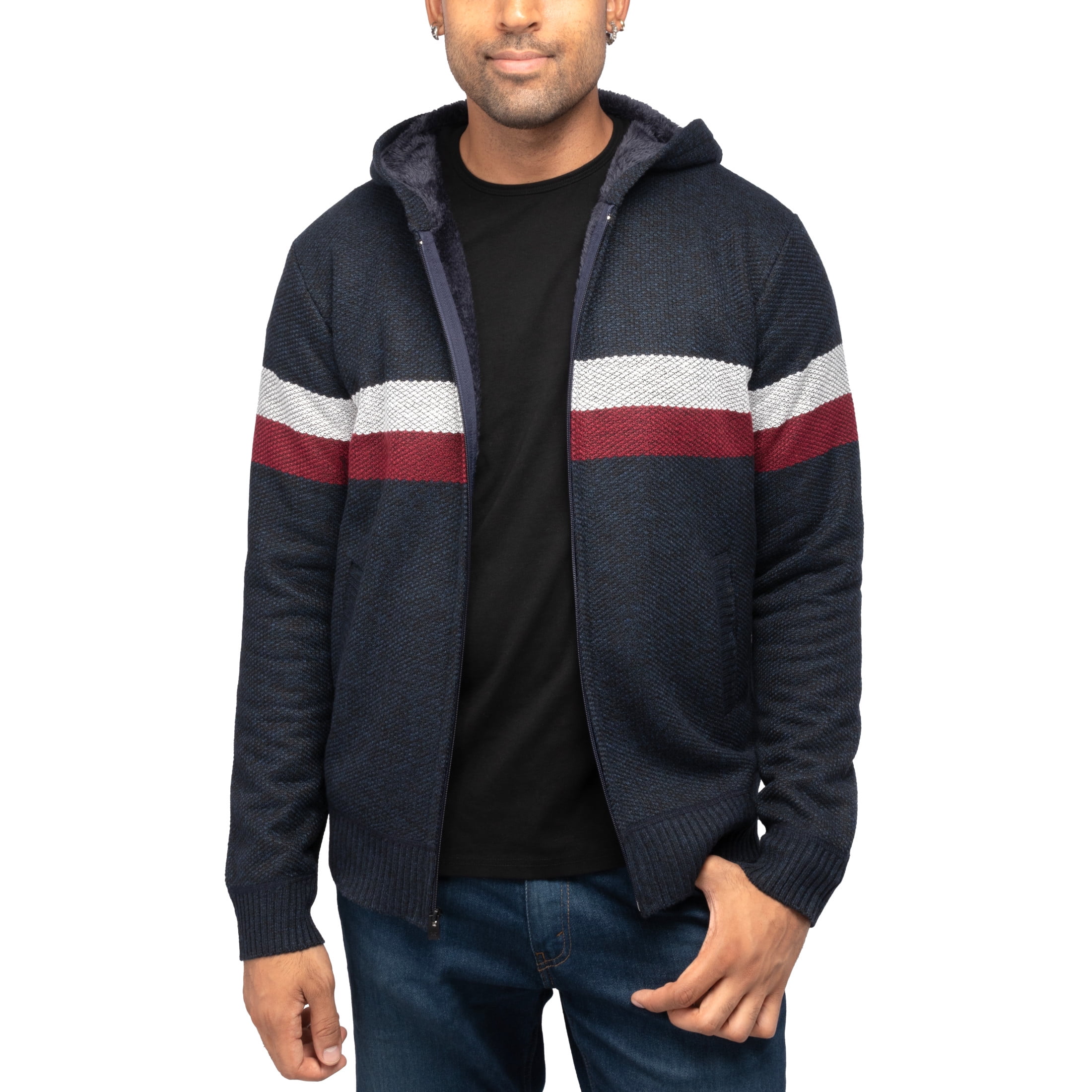 X RAY JEANS Mens Full Zip Hooded Sweater With Stripes & Lining, Navy ...