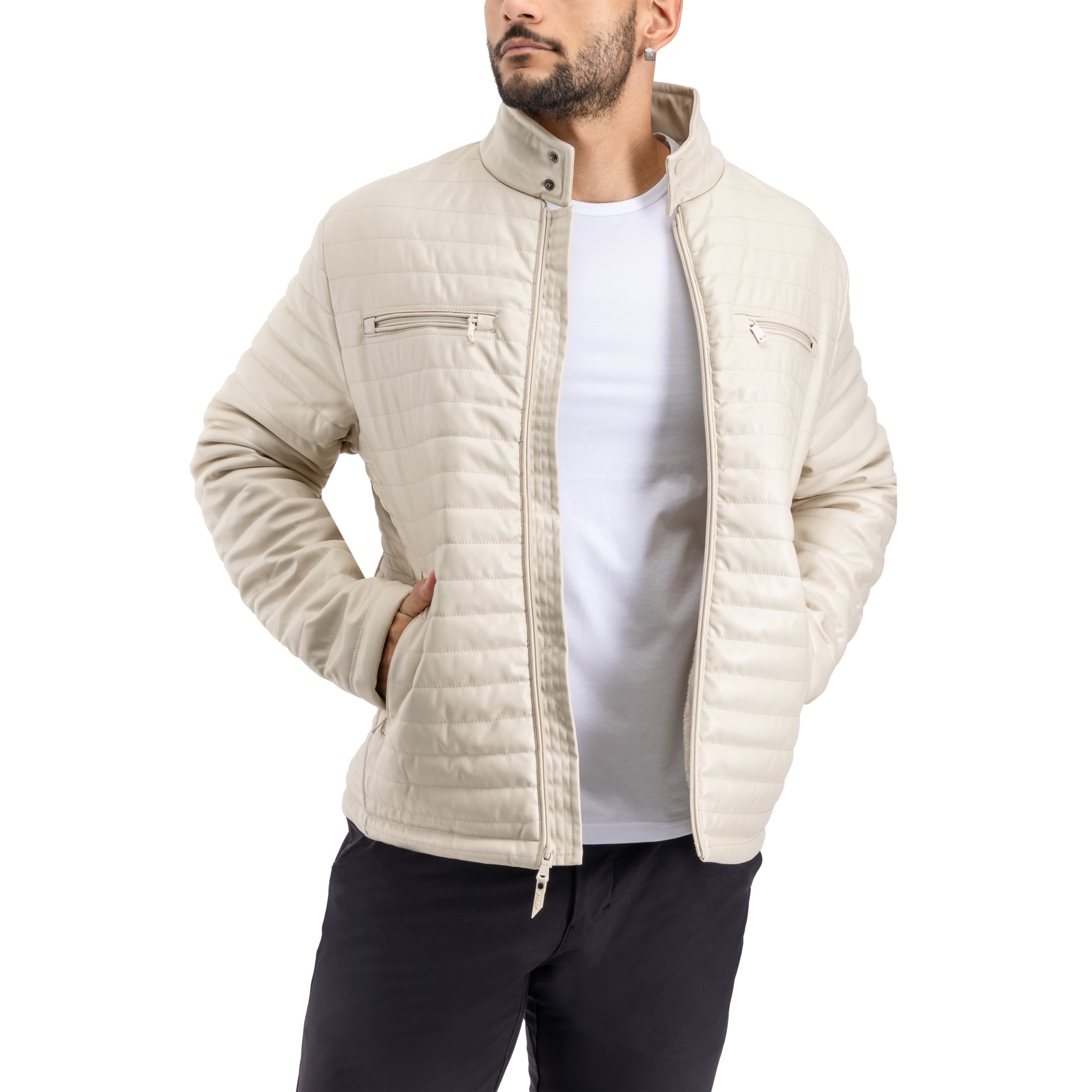 X RAY Jeans PU Quilted Jacket with Faux Shearling Lining, Beige, 2XL ...