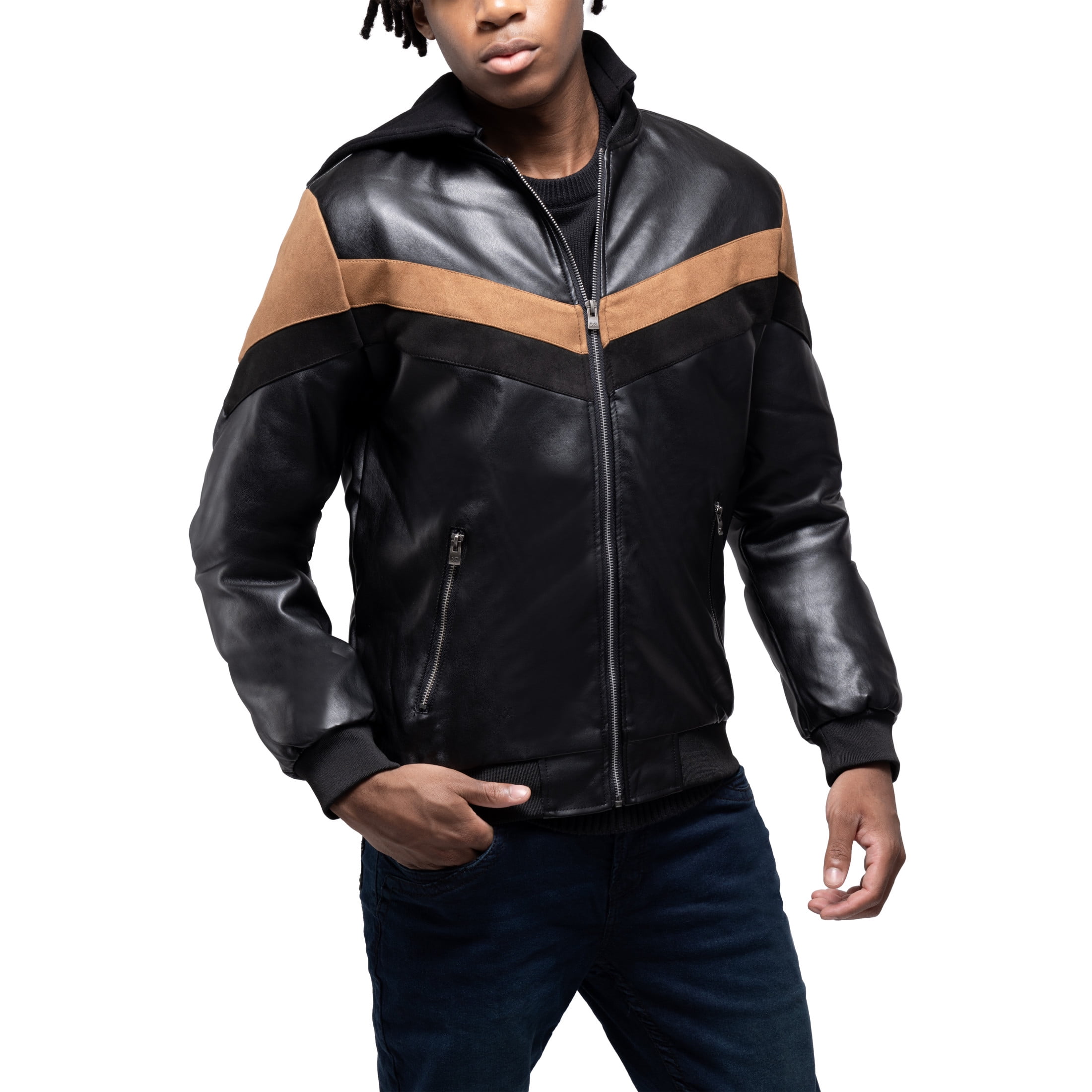 X RAY Jeans Mens Shiny PU Hooded Jacket with Faux Suede Detailing with ...