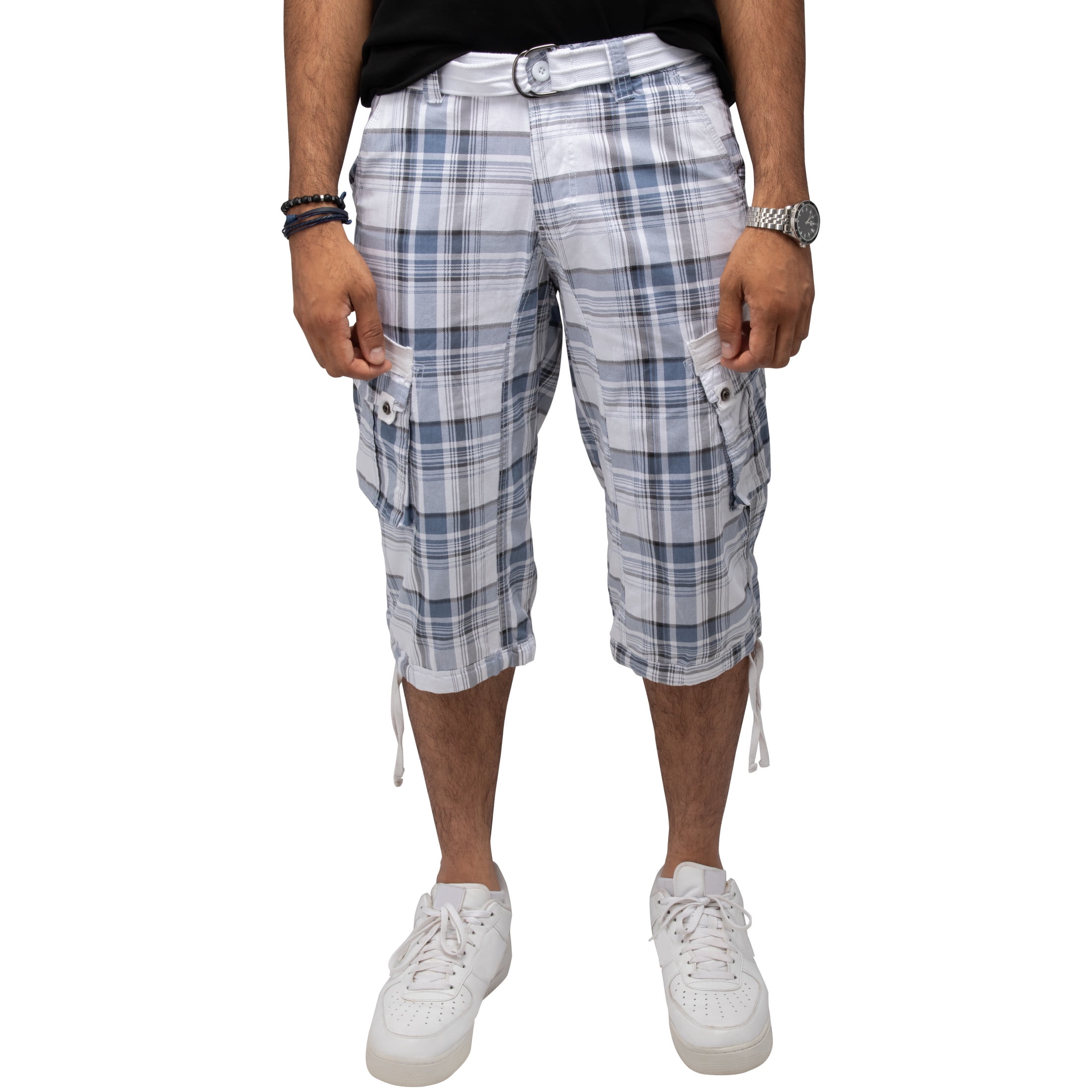X RAY JEANS Mens Belted 18" Inseam Below Knee Long Cargo Shorts, Plaid ...