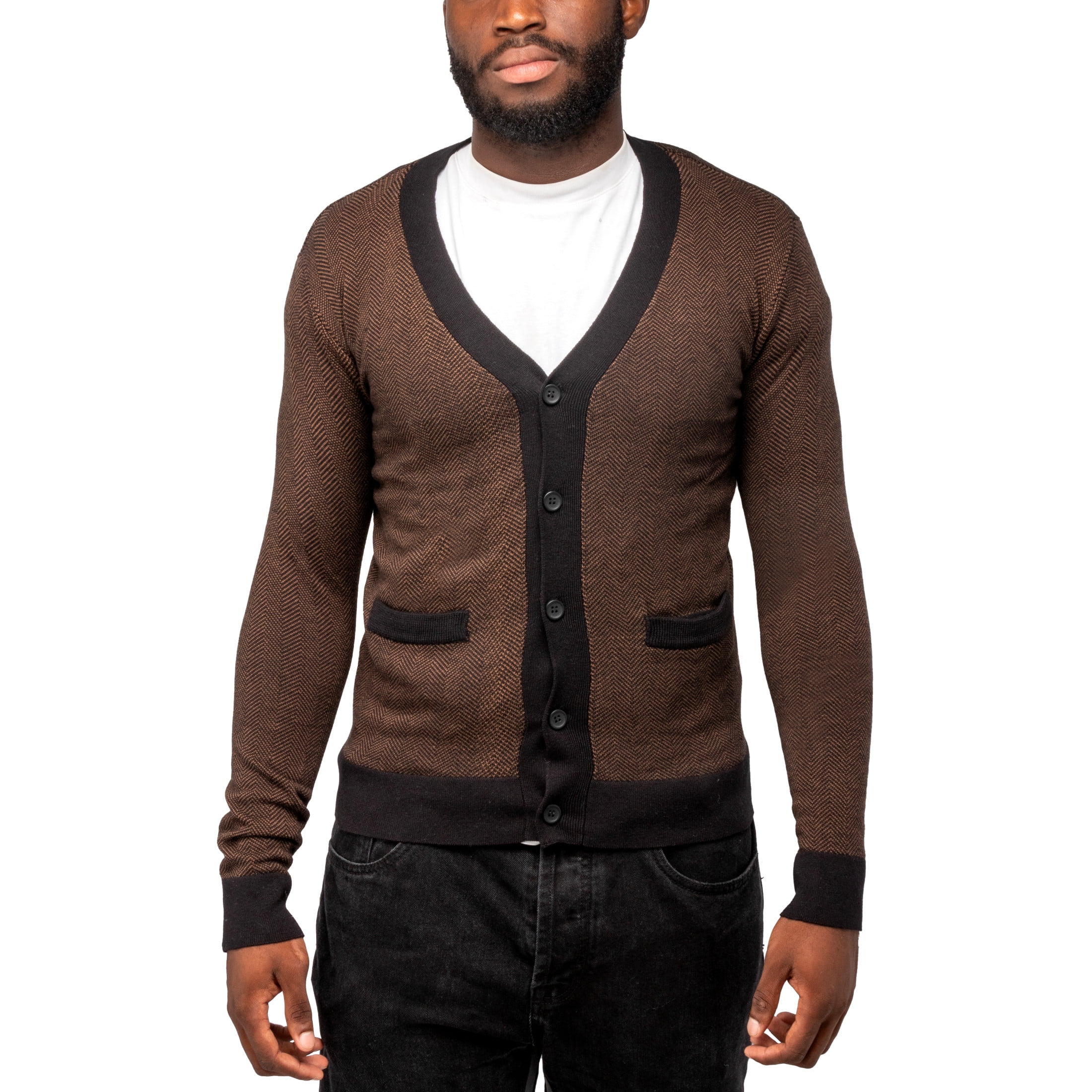 X RAY JEANS Mens Herringbone Cardigan Sweater, Sienna/Black, 3XL ...