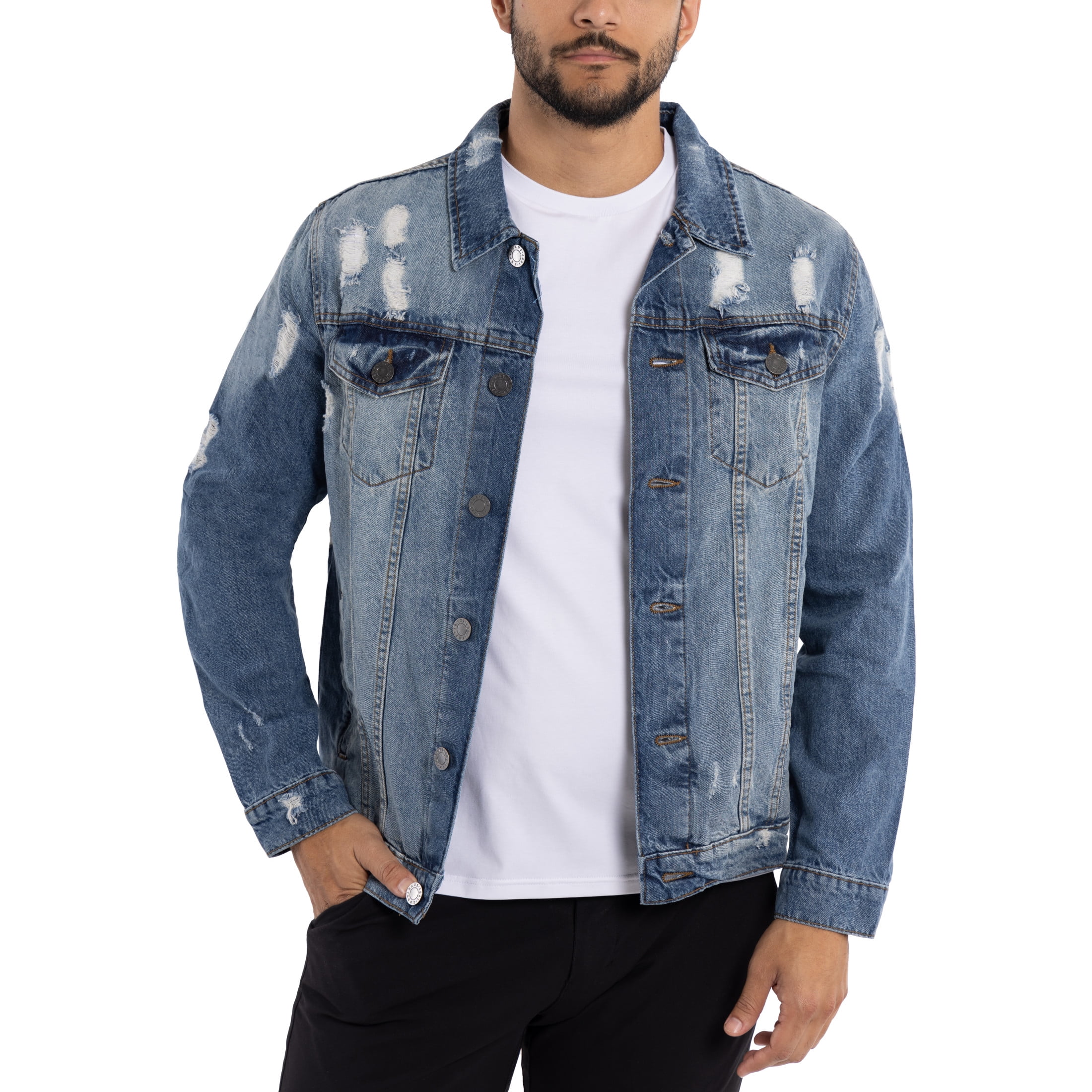 X RAY Men's Distressed Flex Stretch Denim Jacket, Medium Blue Ripped ...