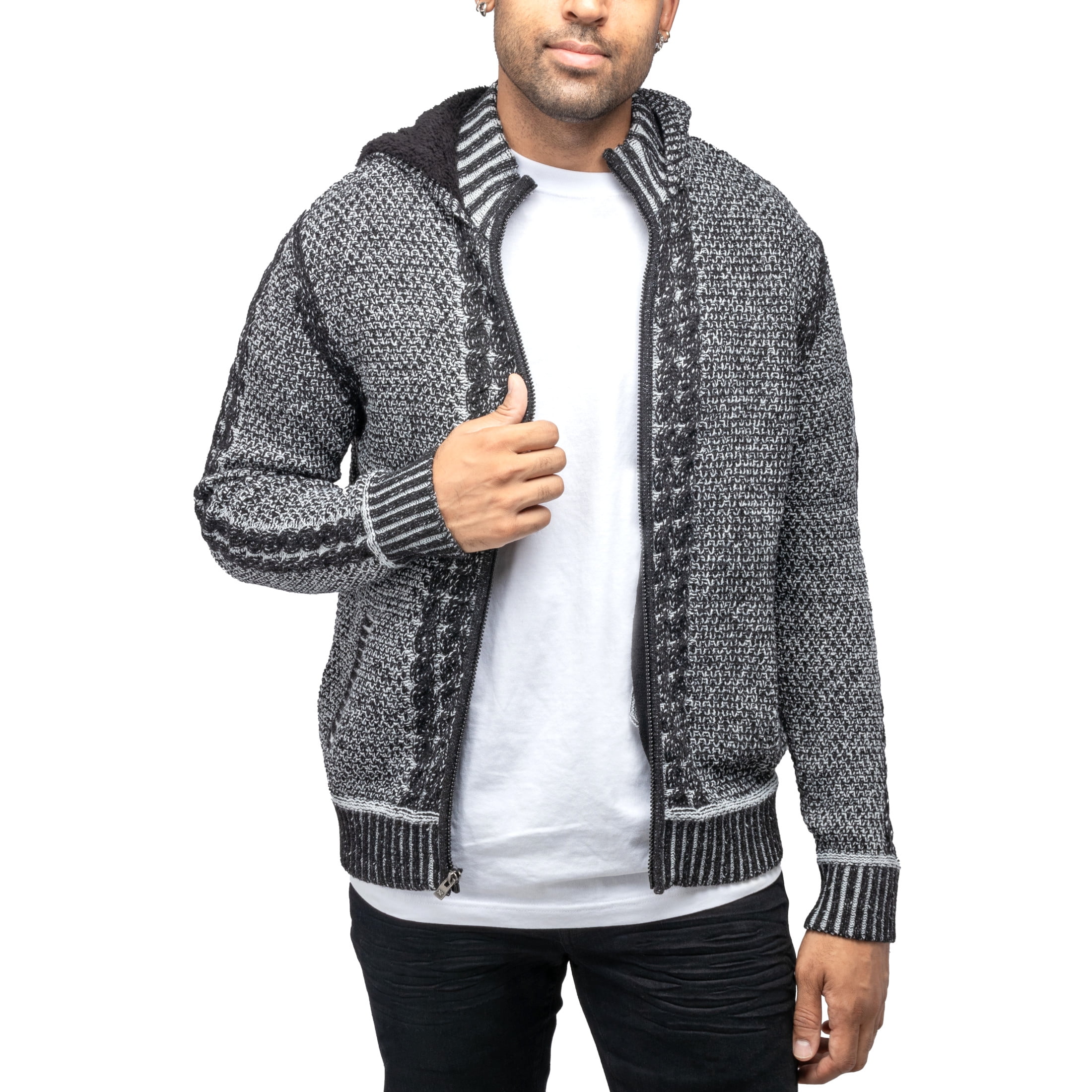 X RAY JEANS Mens Hooded Full-Zip High Neck Sweater Jacket, Black/White ...