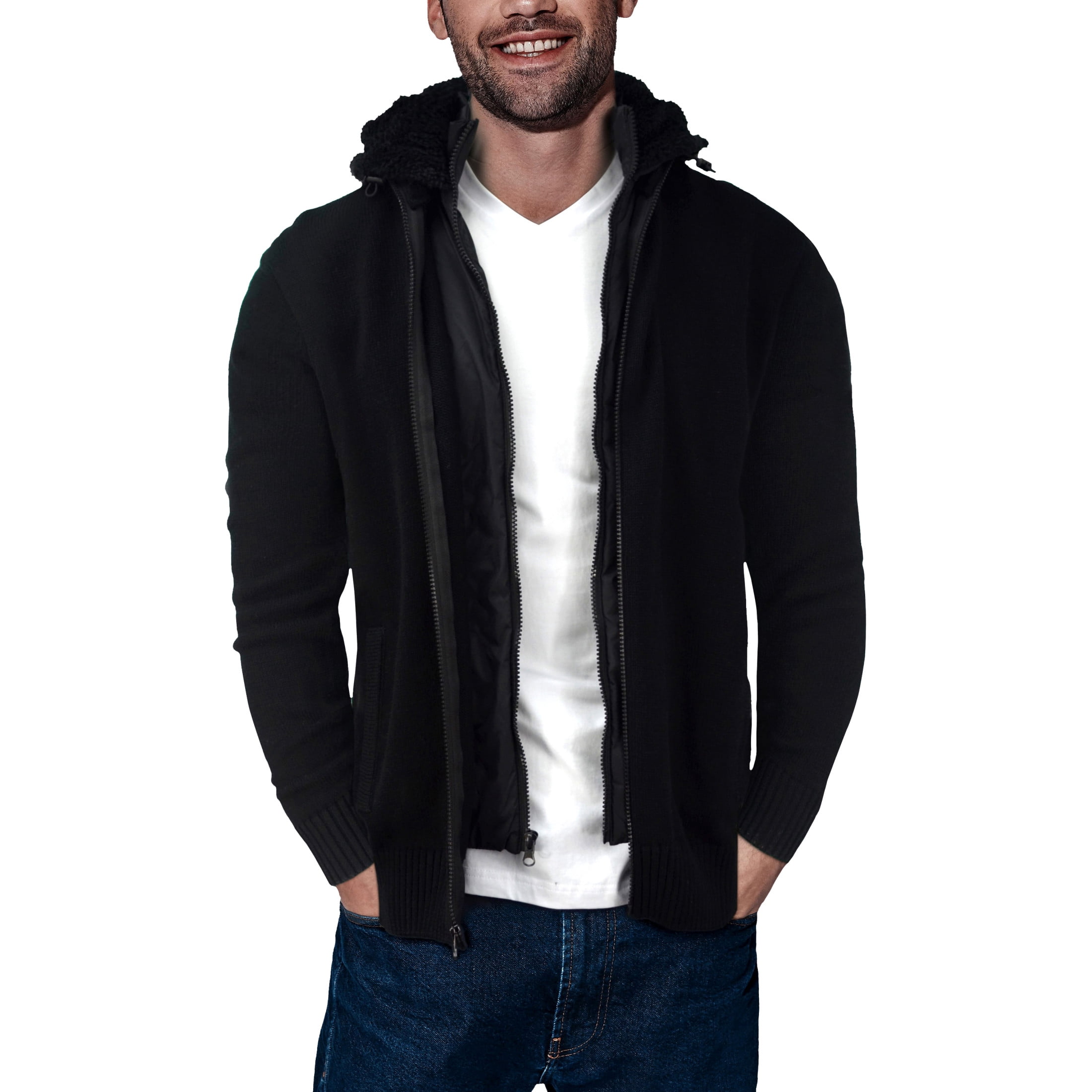 X RAY JEANS Mens Full-Zip Sweater Jacket With Fluffy Fleece Lined Hood ...