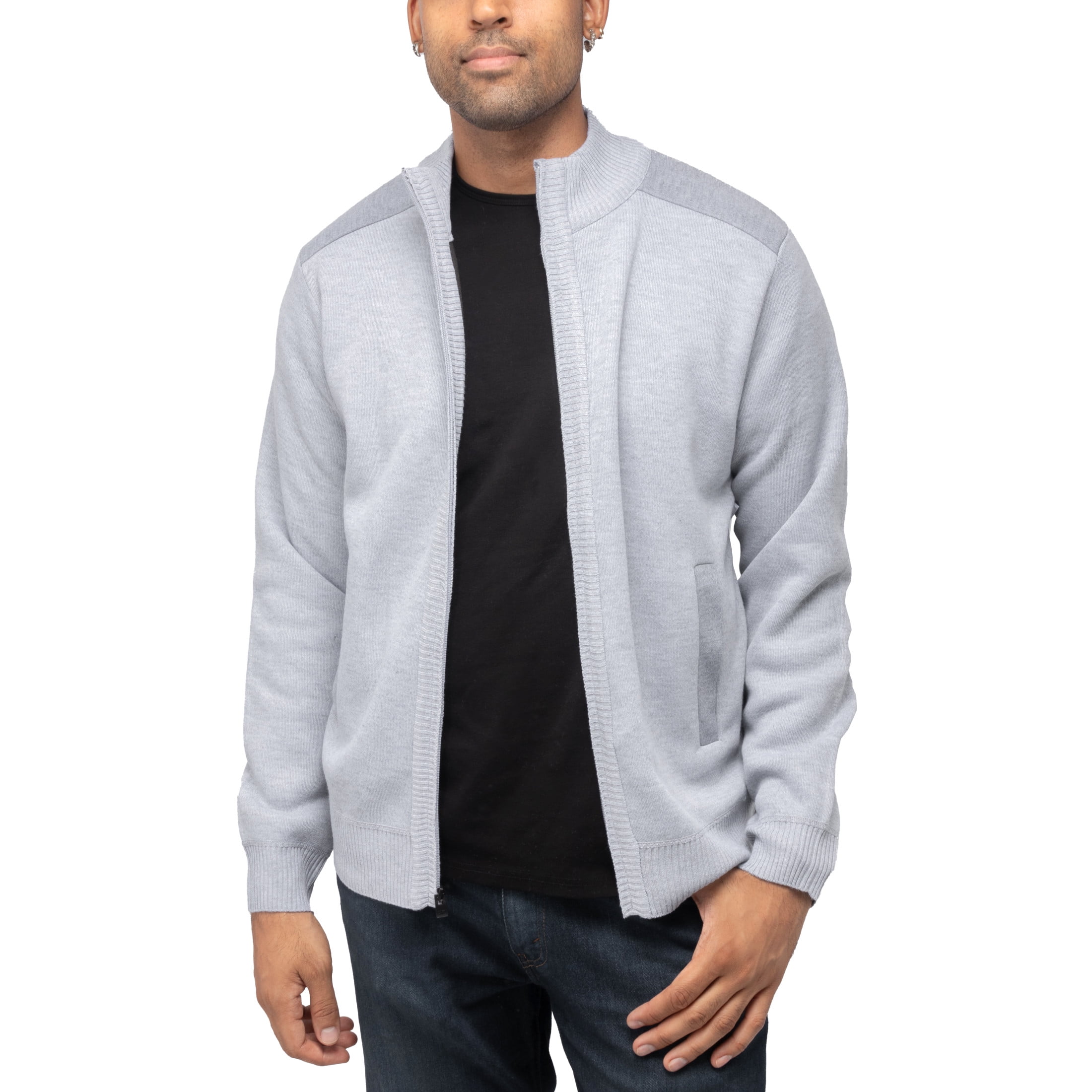 X RAY JEANS Mens Full Zip Sweater With Contrast Shoulder Piecing, Grey ...