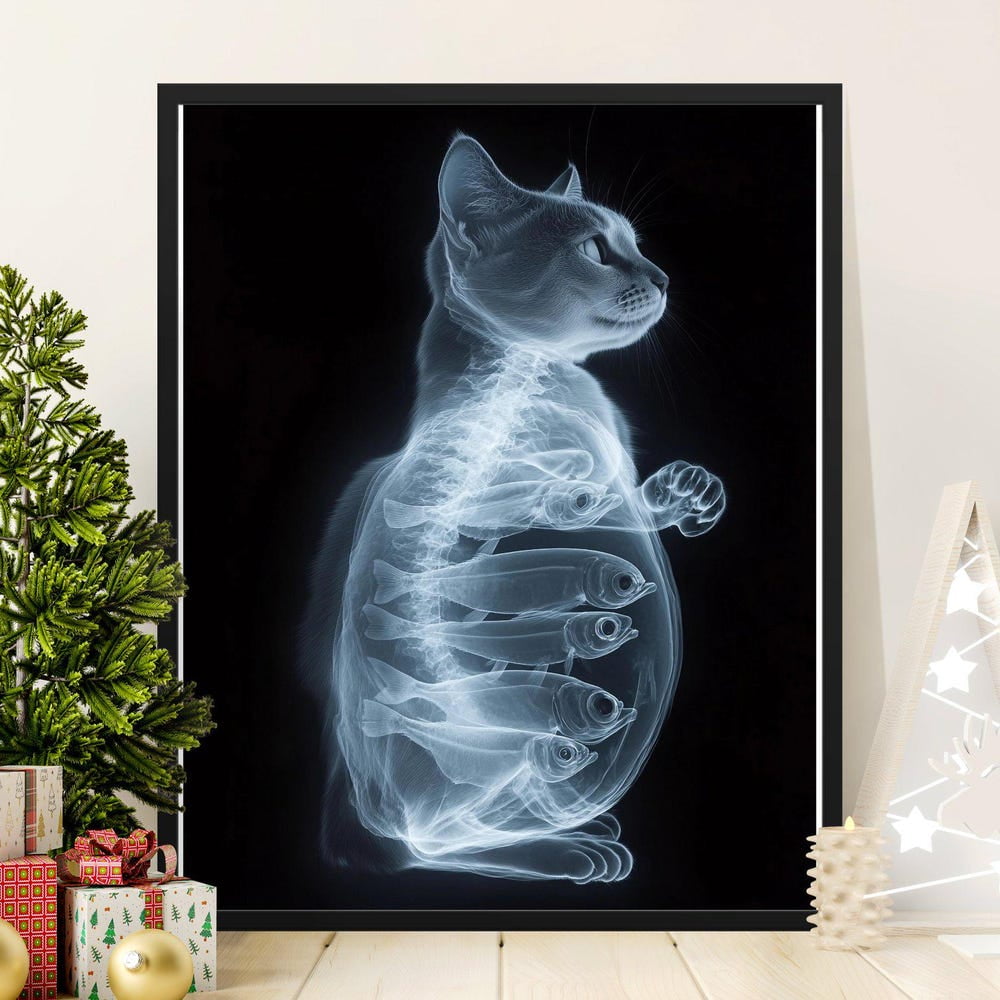 X-Ray Cat With Fish Poster, Unique Animal Art Wall Decor, Quirky Home ...