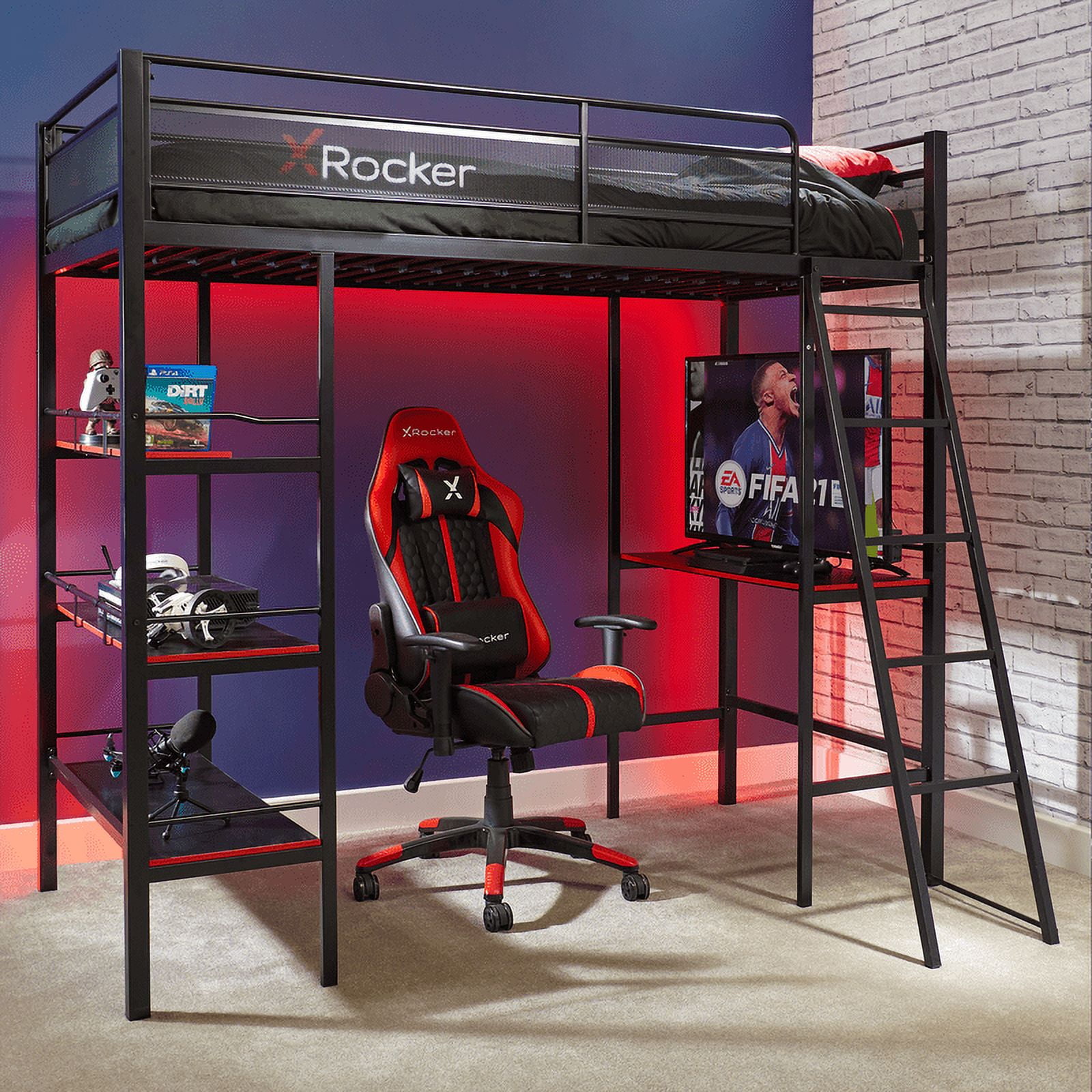X Rocker Fortress Gaming Bunk Bed with Built-in Desk and Shelving, Twin ...