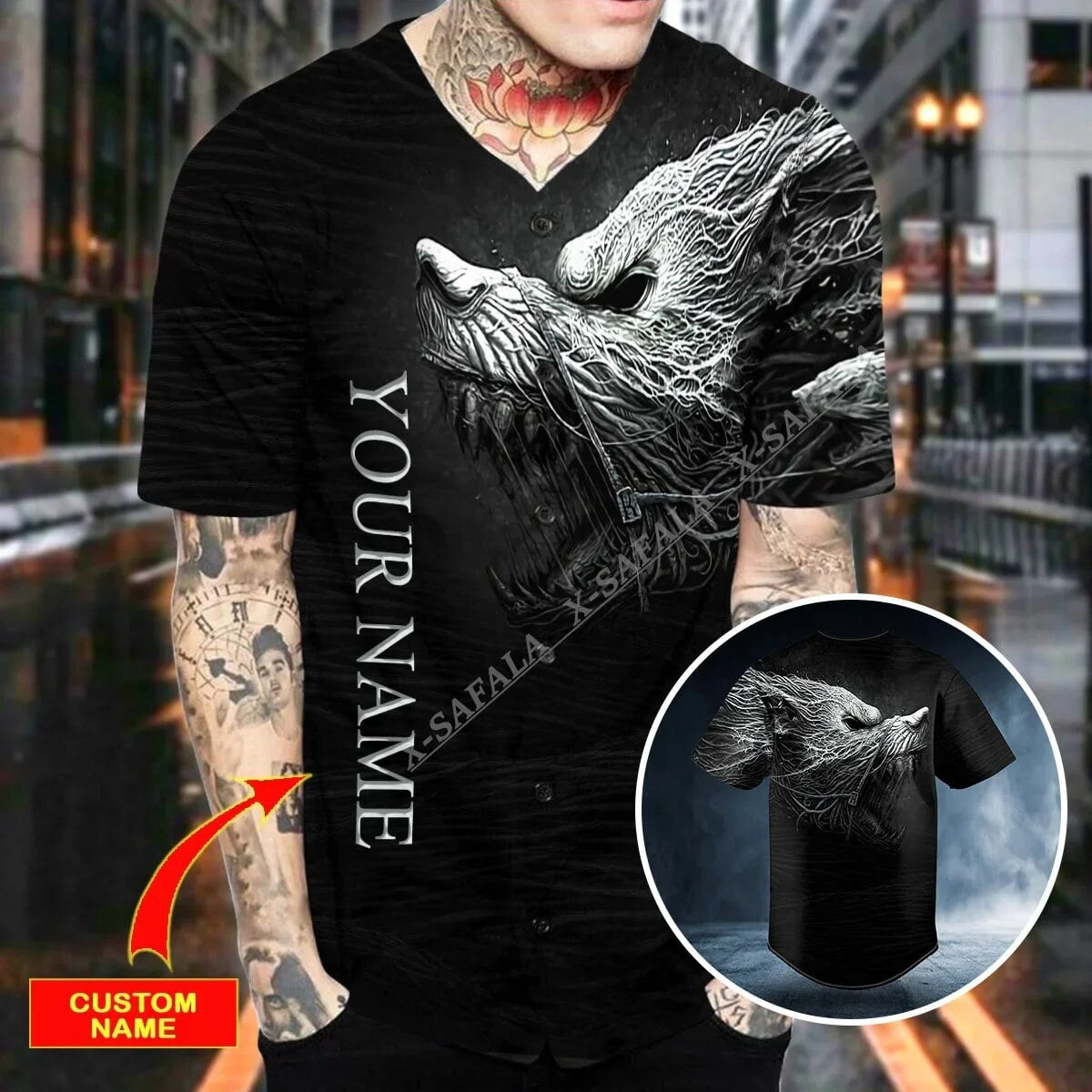 X-SAFALA Black White Werewolf Viking 3D Print Baseball Jersey Shirt T ...