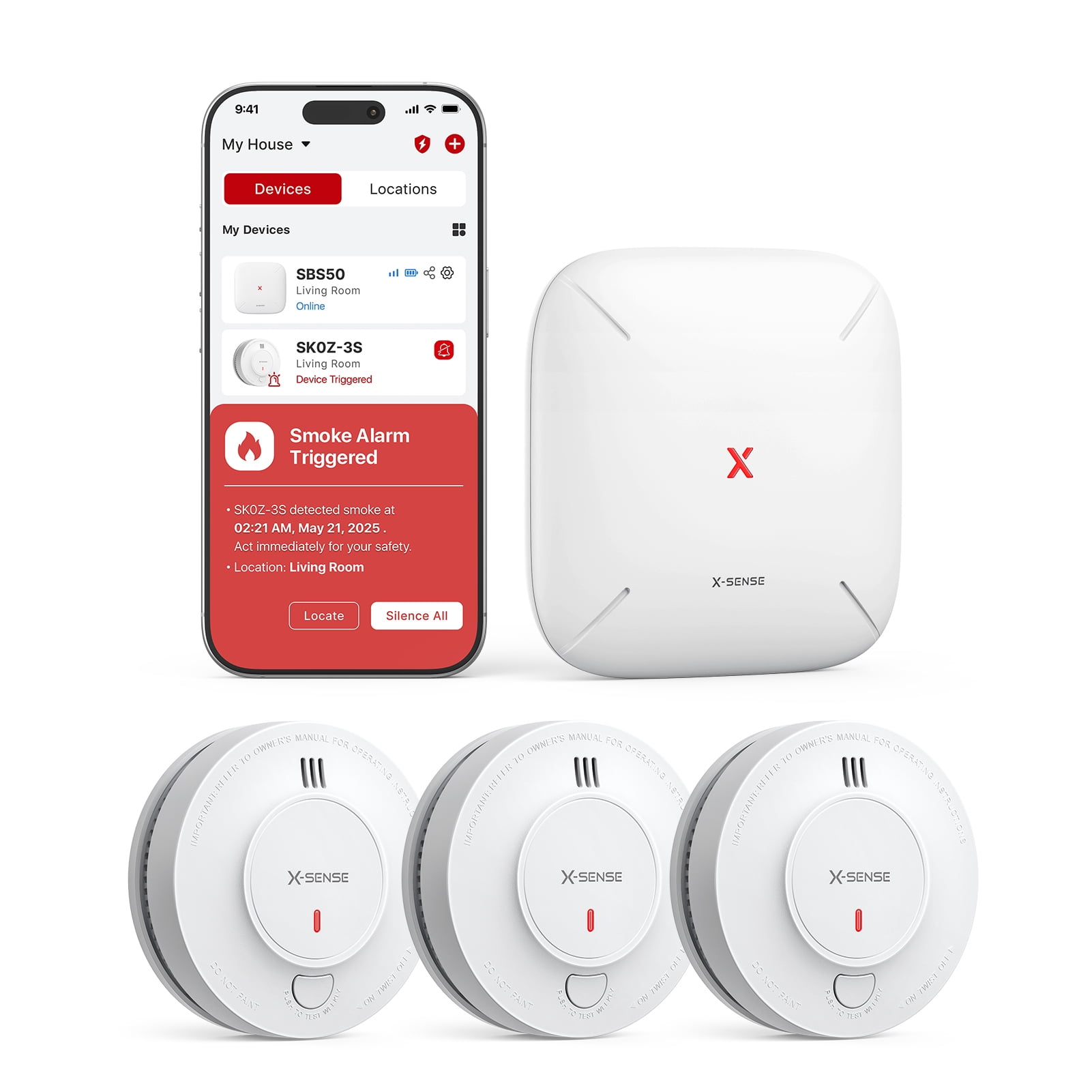 X-SENSE Smart Smoke Alarm System, 3 Detectors + SBS50 Base Station (4 ...