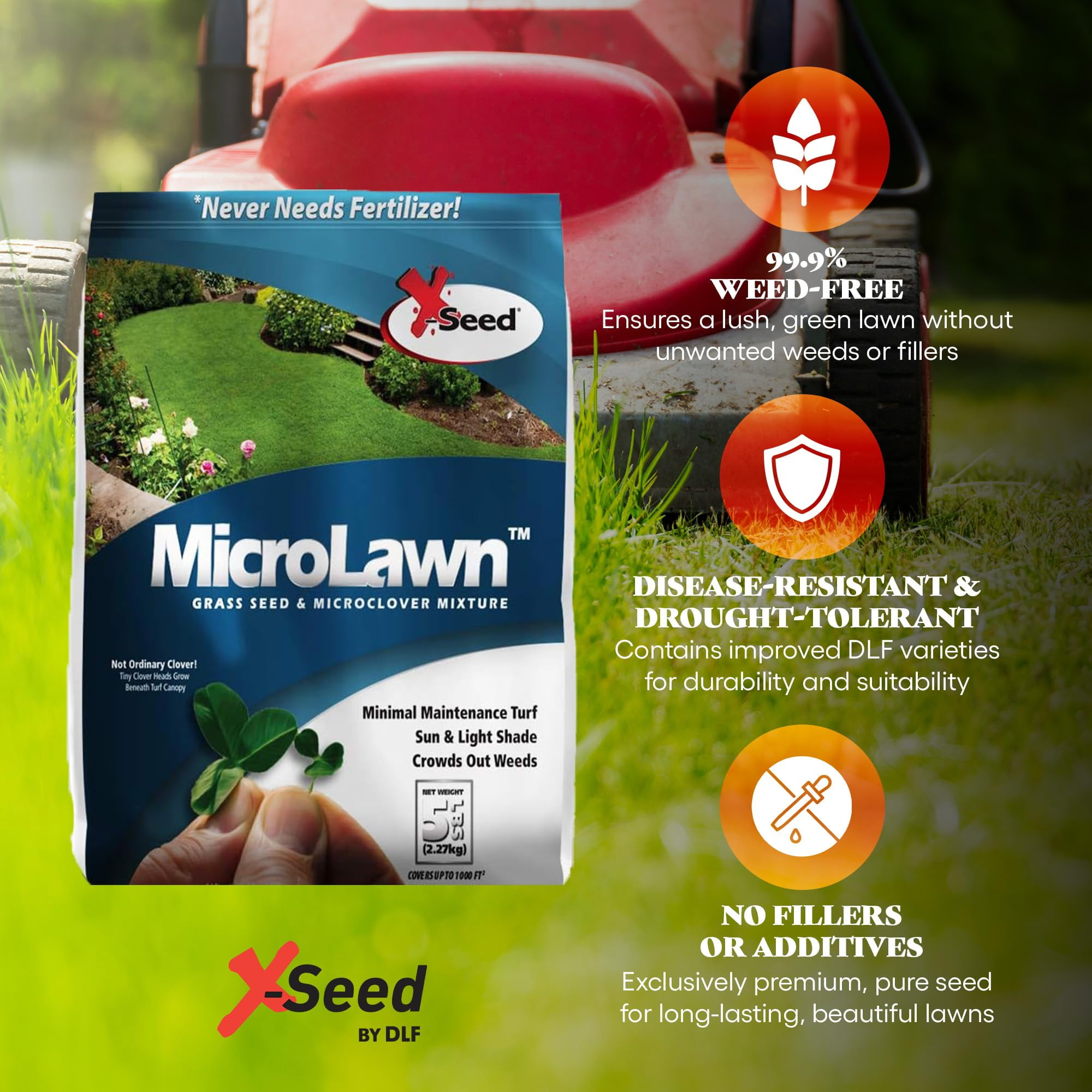 X-Seed Microlawn Grass FEV6 Seed & Microclover Mix - Dense No-Mow Lawn ...