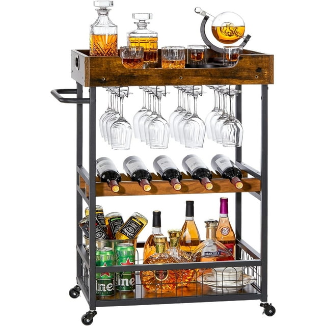 x-Cosrack 3 Tier Home Bar Cart with Wine Rack and Glasses Holder, Mobile Kitchen Storage on ...