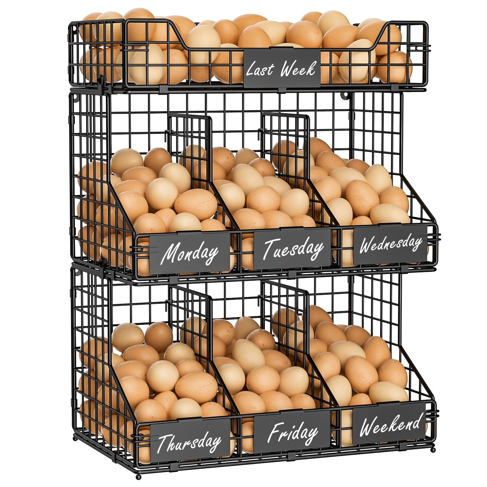 X-cosrack Egg Holder Countertop, 3 Tier Egg Rack with Labels Dividers ...