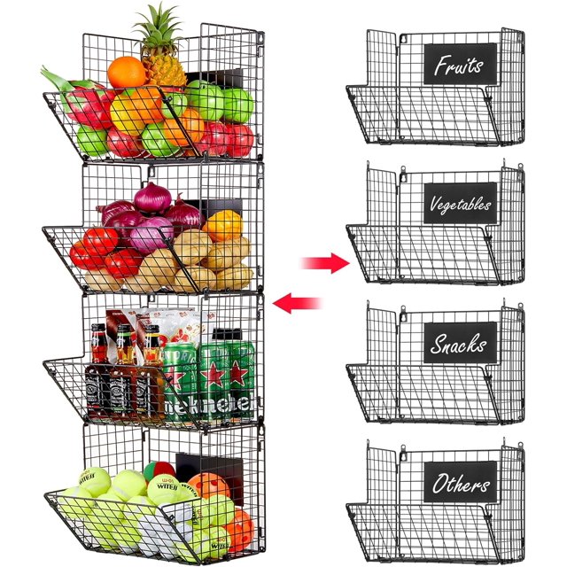 X-cosrack Metal Wire Basket Wall Mount, 4 Tier Extra Large Wall Storage ...