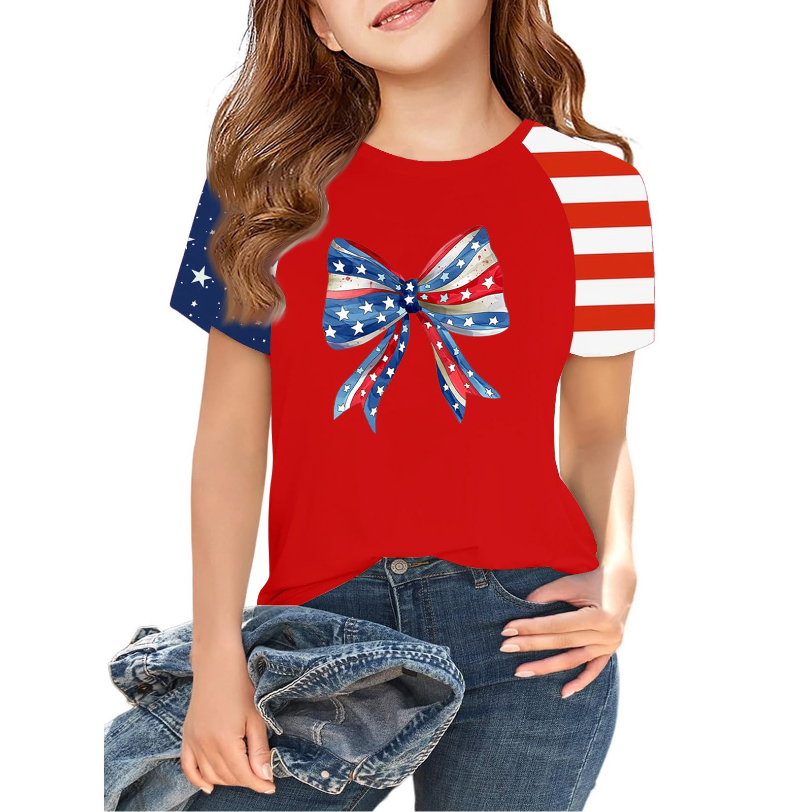 XADYUY 4th Of July T-Shirts for Girls Kids Bow Stars Stripes Graphic ...