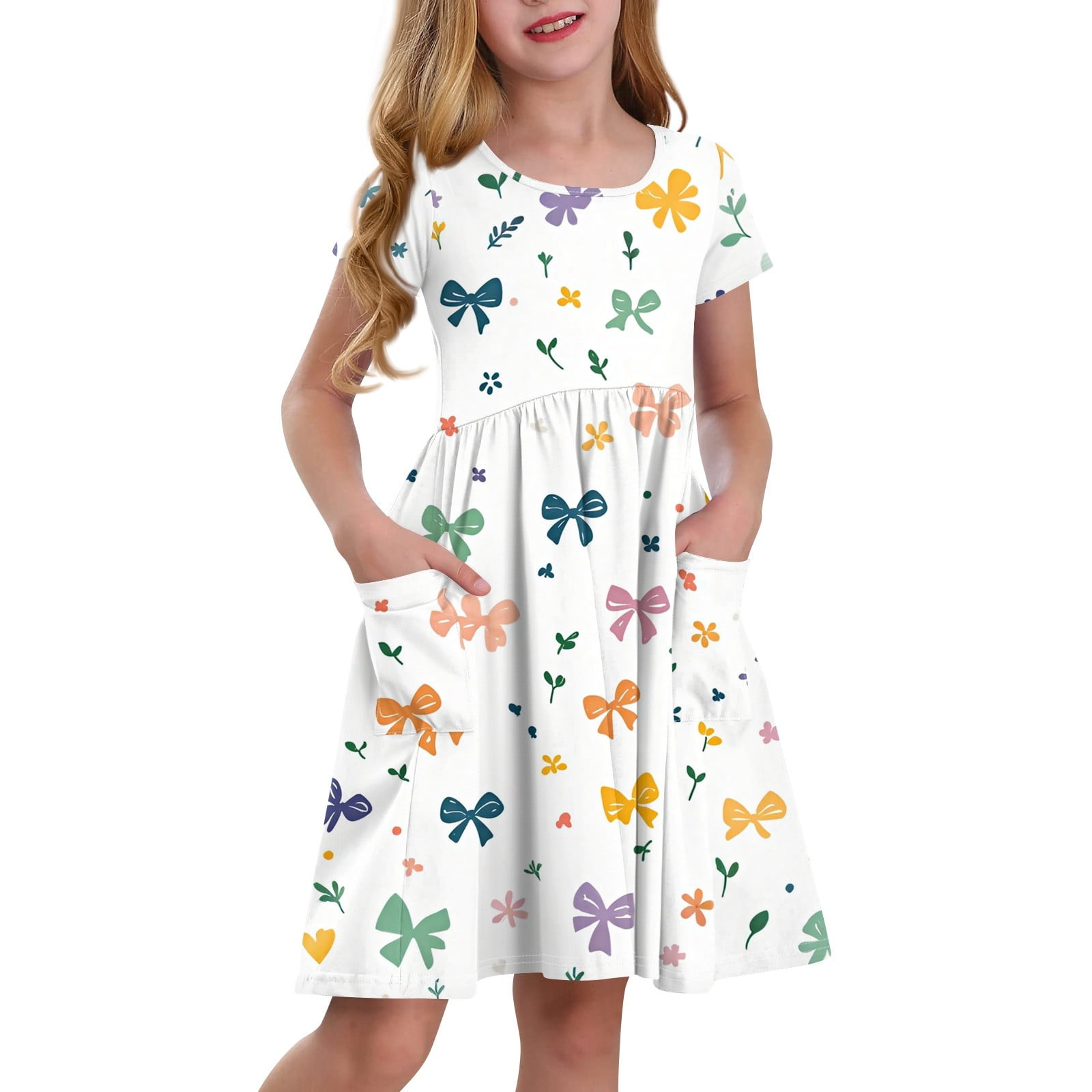 XADYUY Girl's Summer Twirly Dress Twirly A-Line Short Sleeve Midi Dress ...