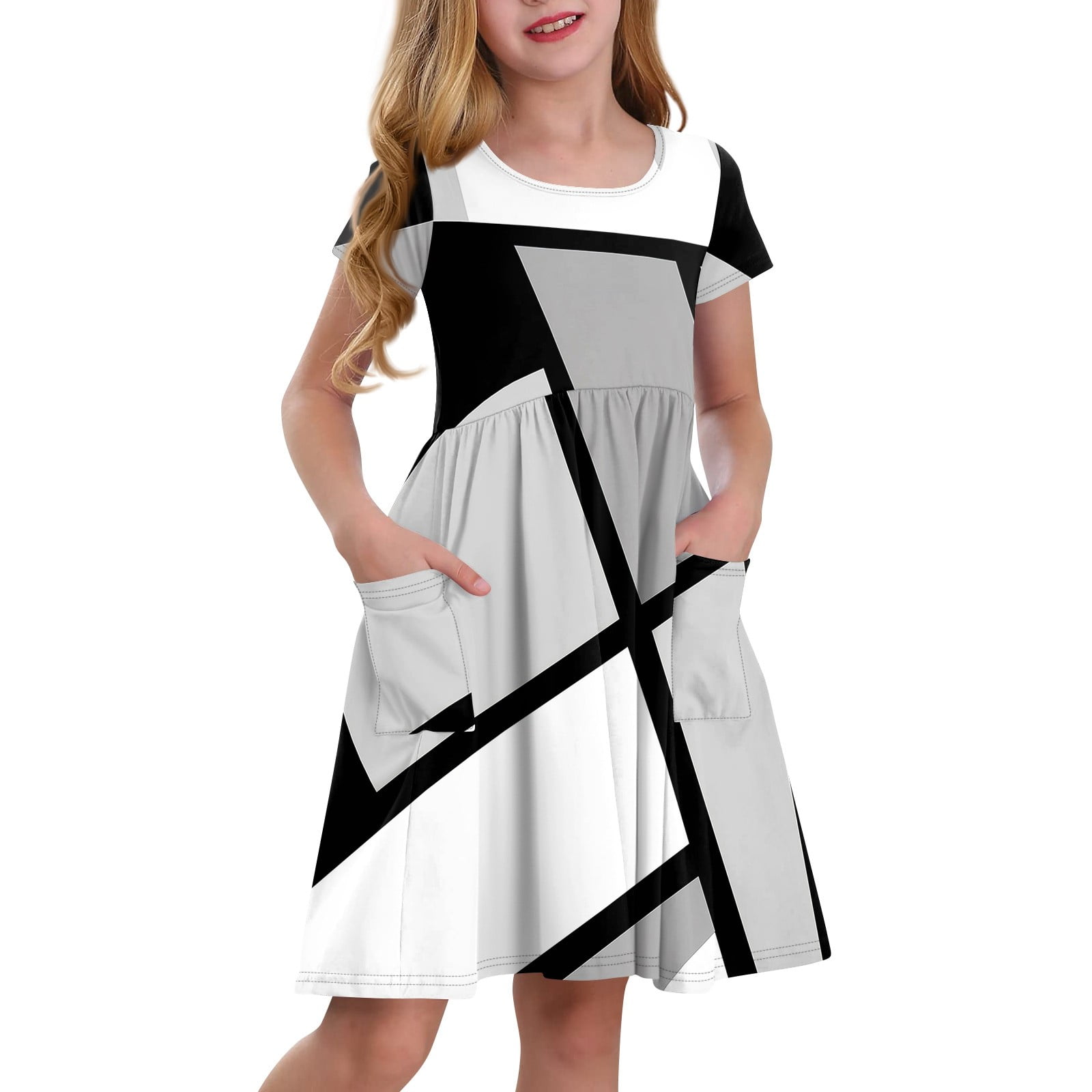 XADYUY Girl's Summer Twirly Dress Twirly A-Line Short Sleeve Midi Dress ...