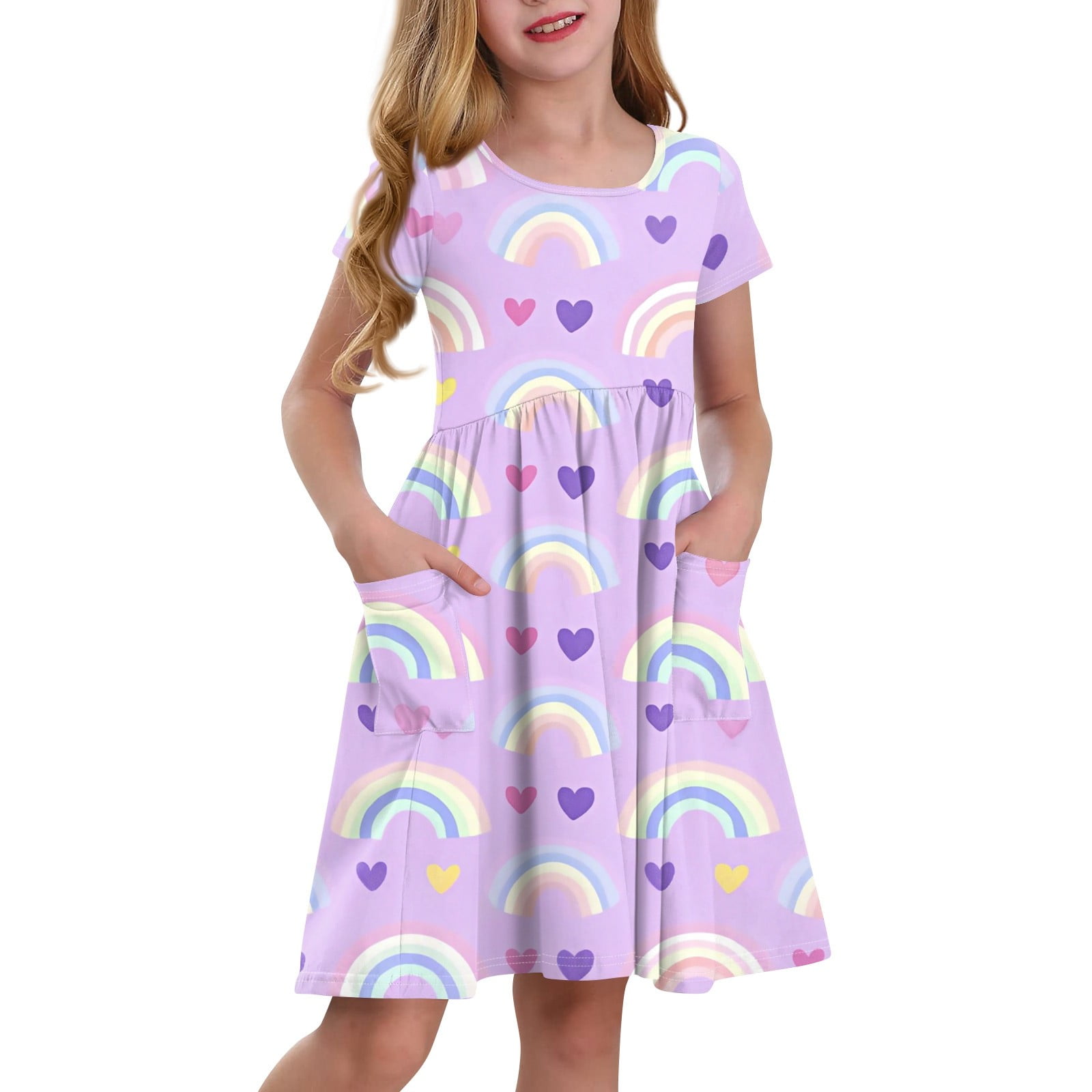 XADYUY Girl's Summer Twirly Dress Twirly A-Line Short Sleeve Midi Dress ...