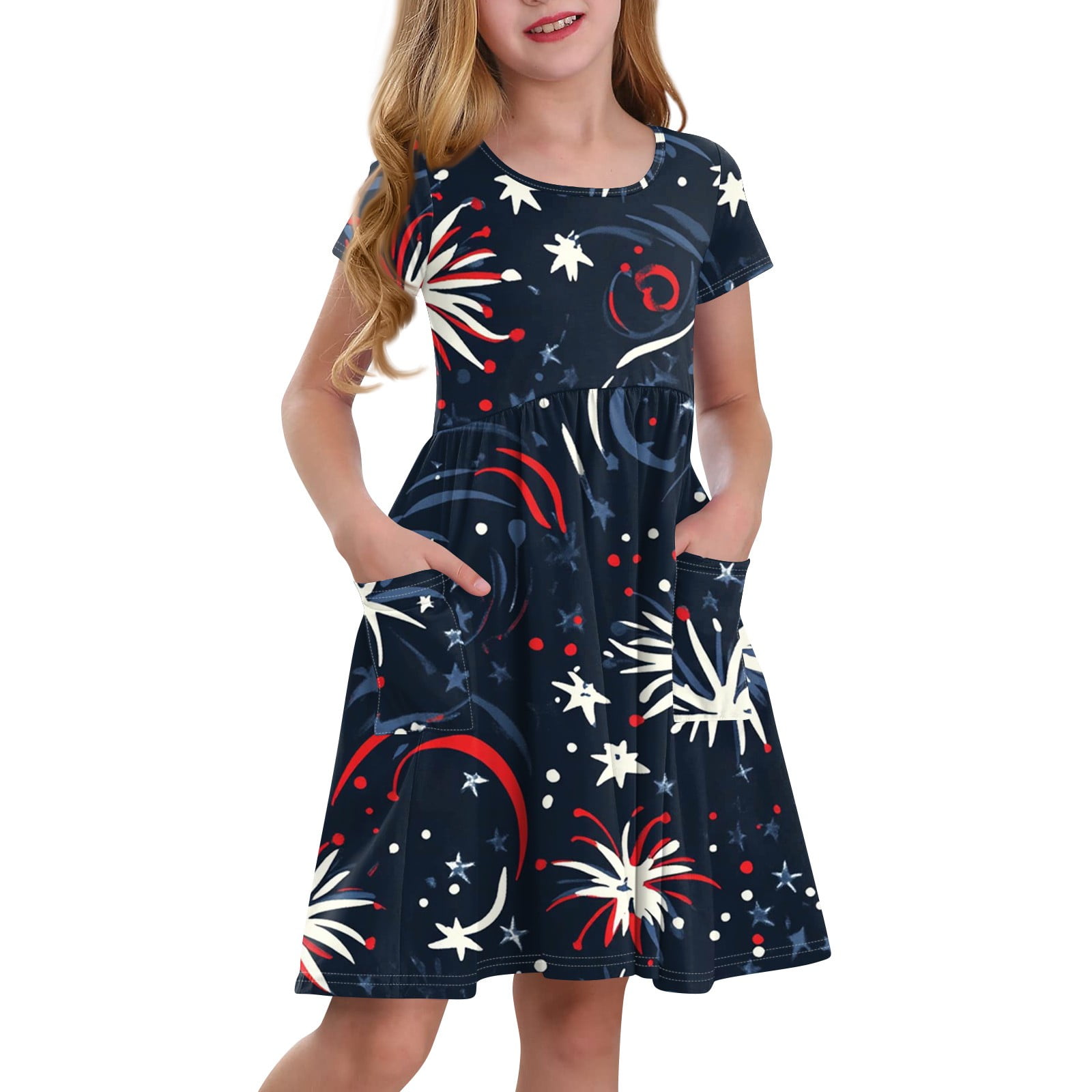 XADYUY Girls 4th Of July Dress Short Sleeve Stars Stripes Firework ...