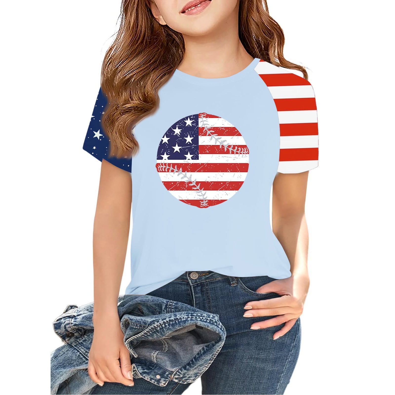 XADYUY Girls Baseball American Flag Shirts Usa Flag Print Patriotic T ...