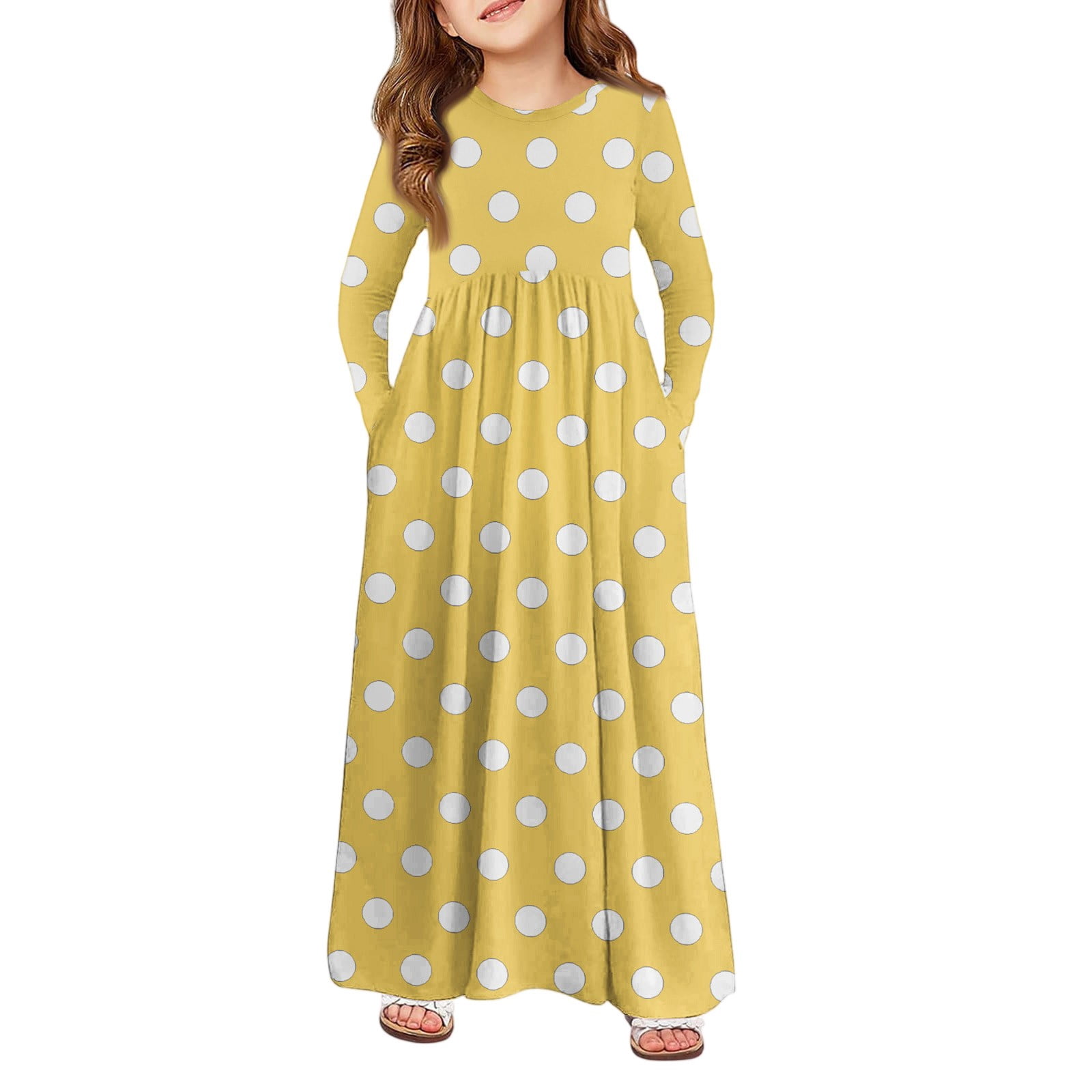 XADYUY Girls Beach Dress Casual A-Line Long Sleeve Maxi Dress Polka Dot ...