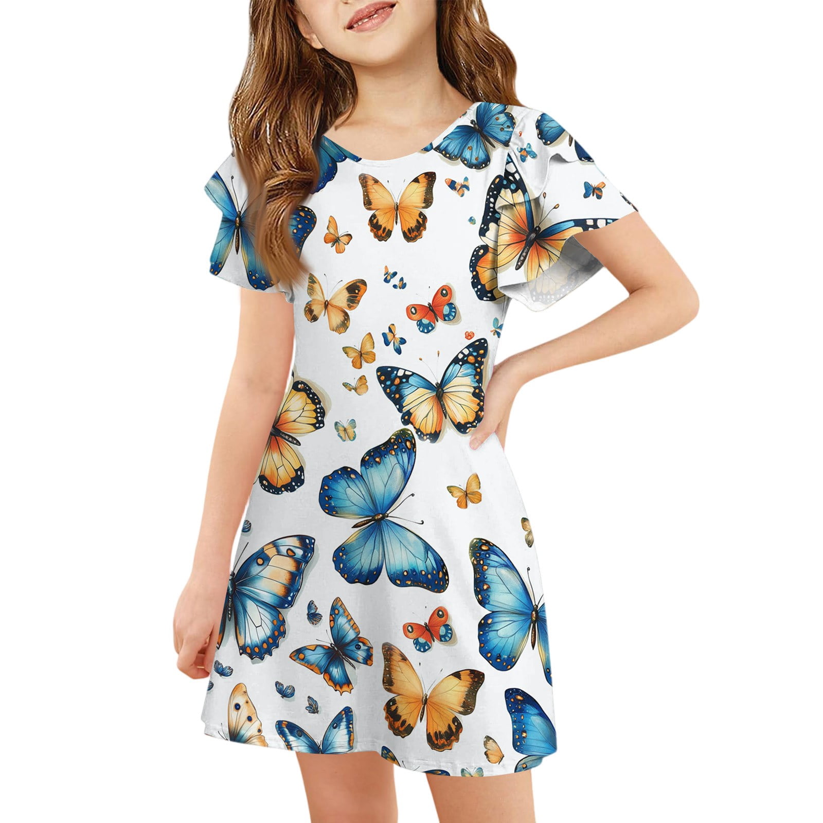 XADYUY Girls Beach Dress Casual A-Line Ruffle Sleeve Midi Dress ...