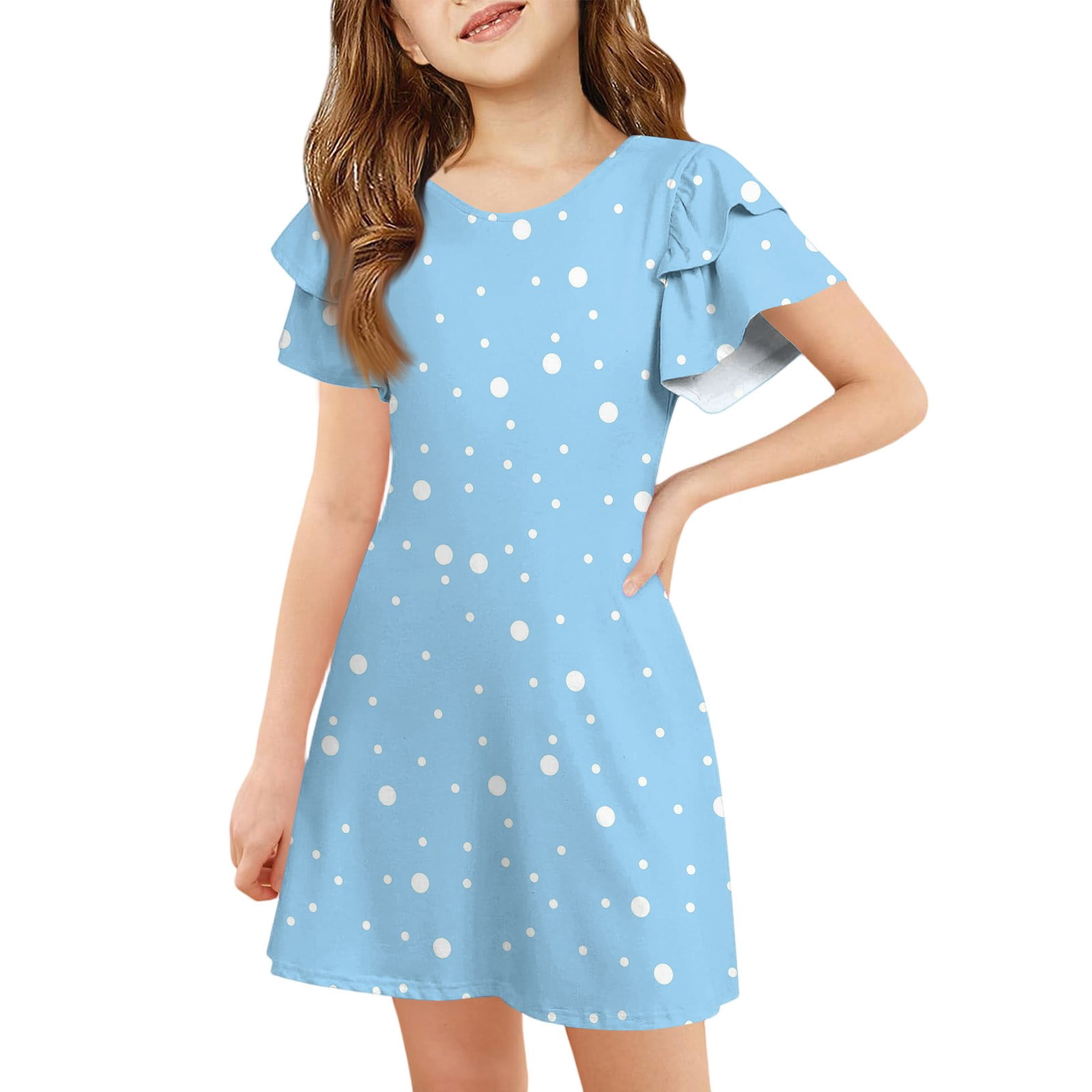 XADYUY Girls Beach Dress Casual A-Line Ruffle Sleeve Midi Dress Polka ...