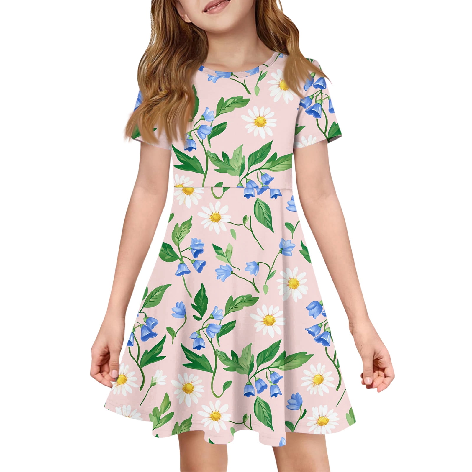 XADYUY Girls Beach Dress Casual A-Line Short Sleeve Midi Dress Daisy ...