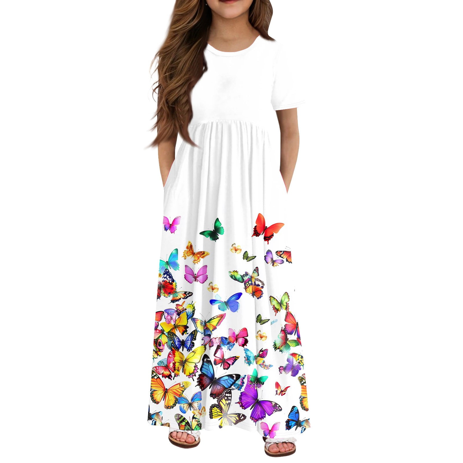 XADYUY Girls Beach Dress Casual Butterfly Graphic Short Sleeve Girls ...