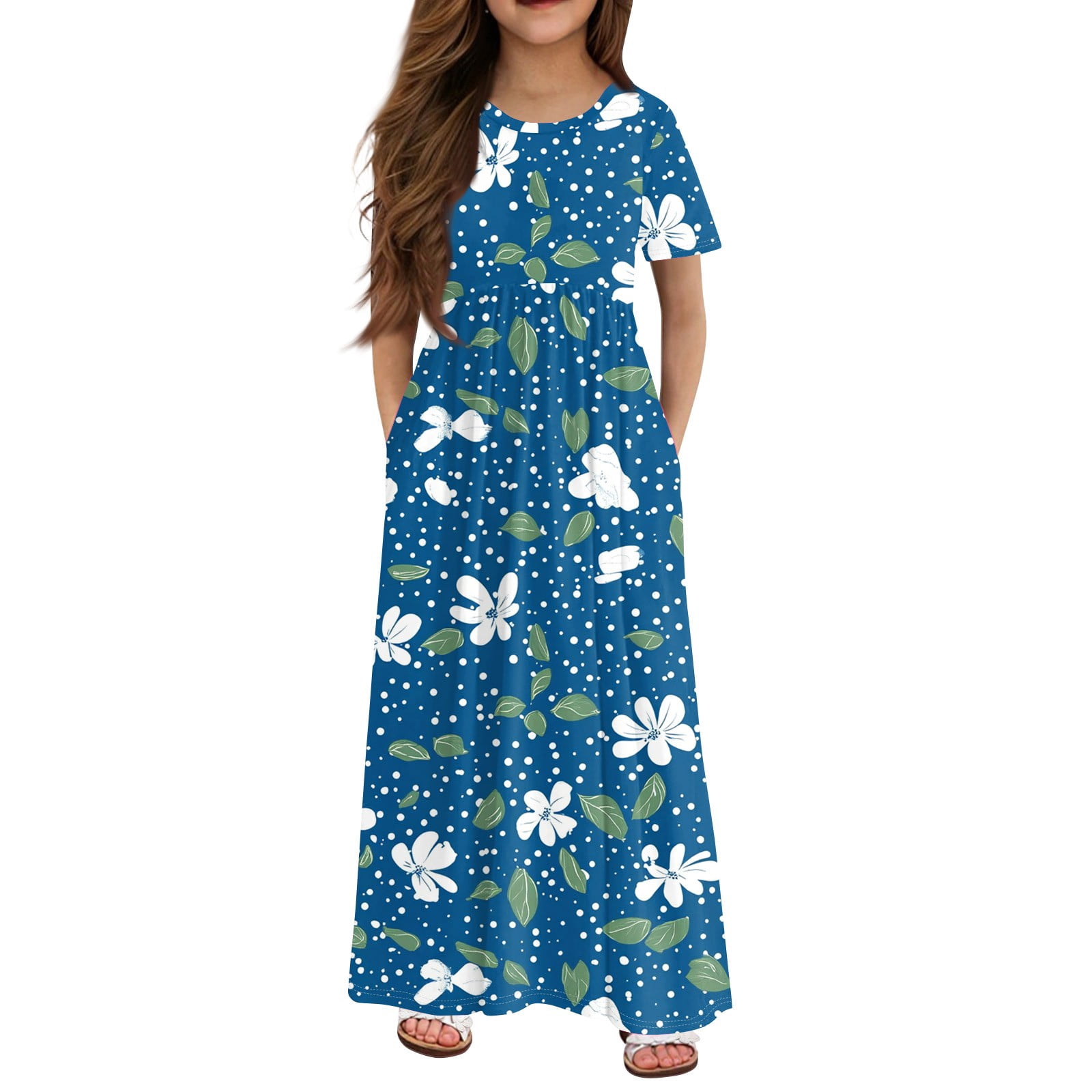 XADYUY Girls Beach Dress Casual Vintage Floral Short Sleeve Maxi Dress ...